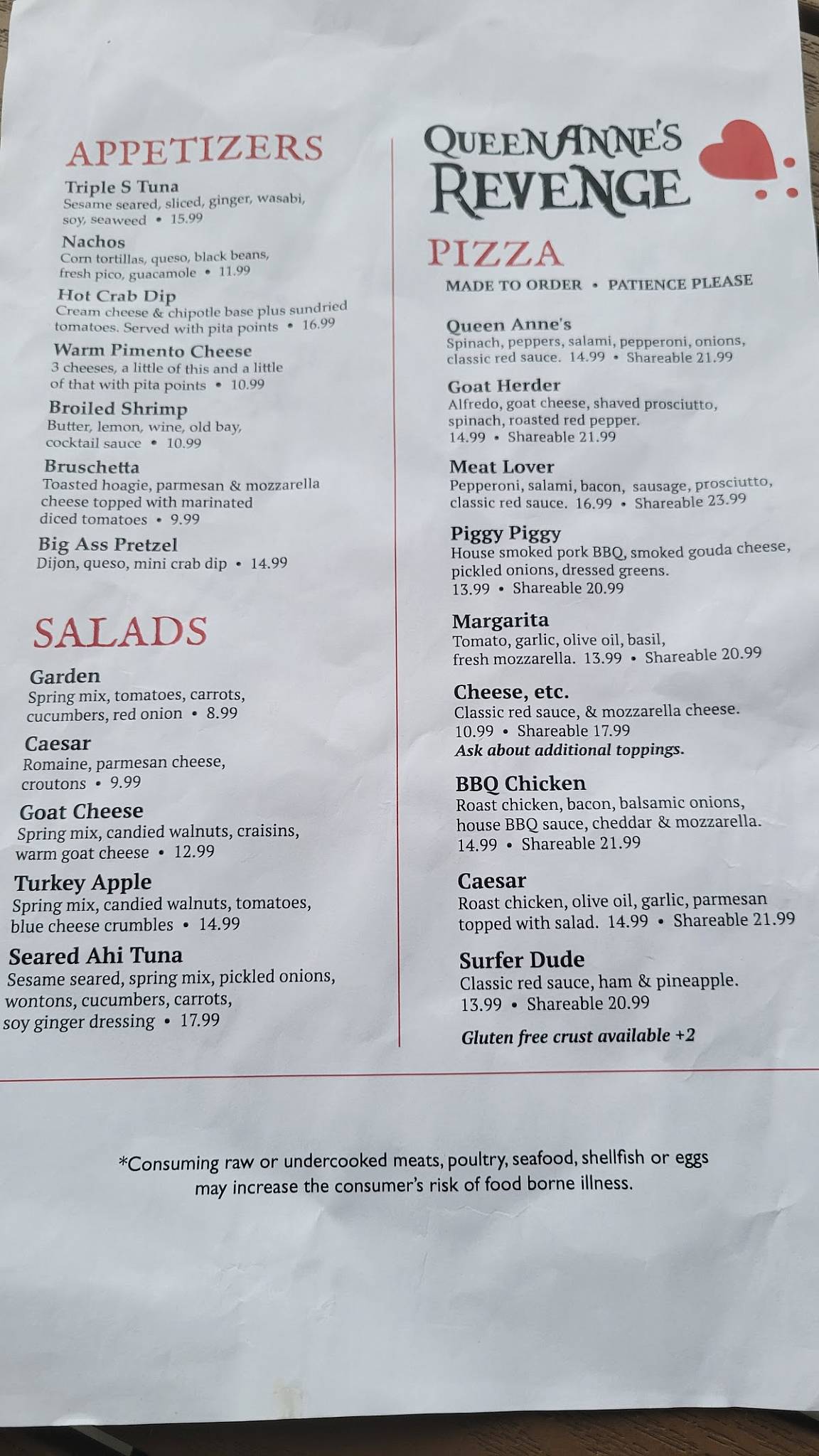Menu at Queen Anne's Revenge pizzeria, Beaufort, 400 Front St #1