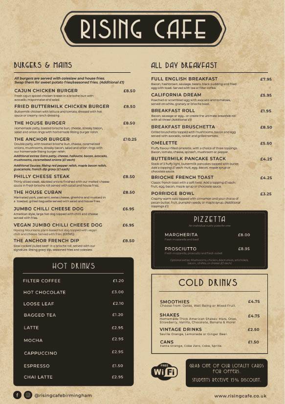 Menu at Rising Cafe, Birmingham
