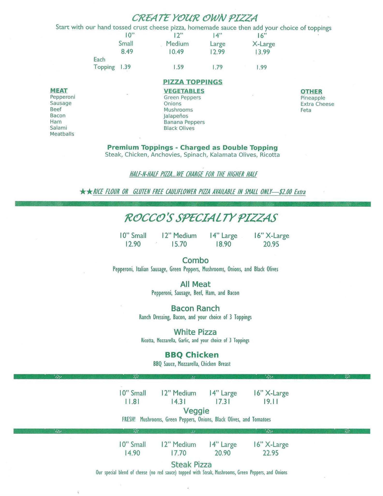 Menu at Rocco's Pizza pizzeria, Fort McCoy, E Hwy 316
