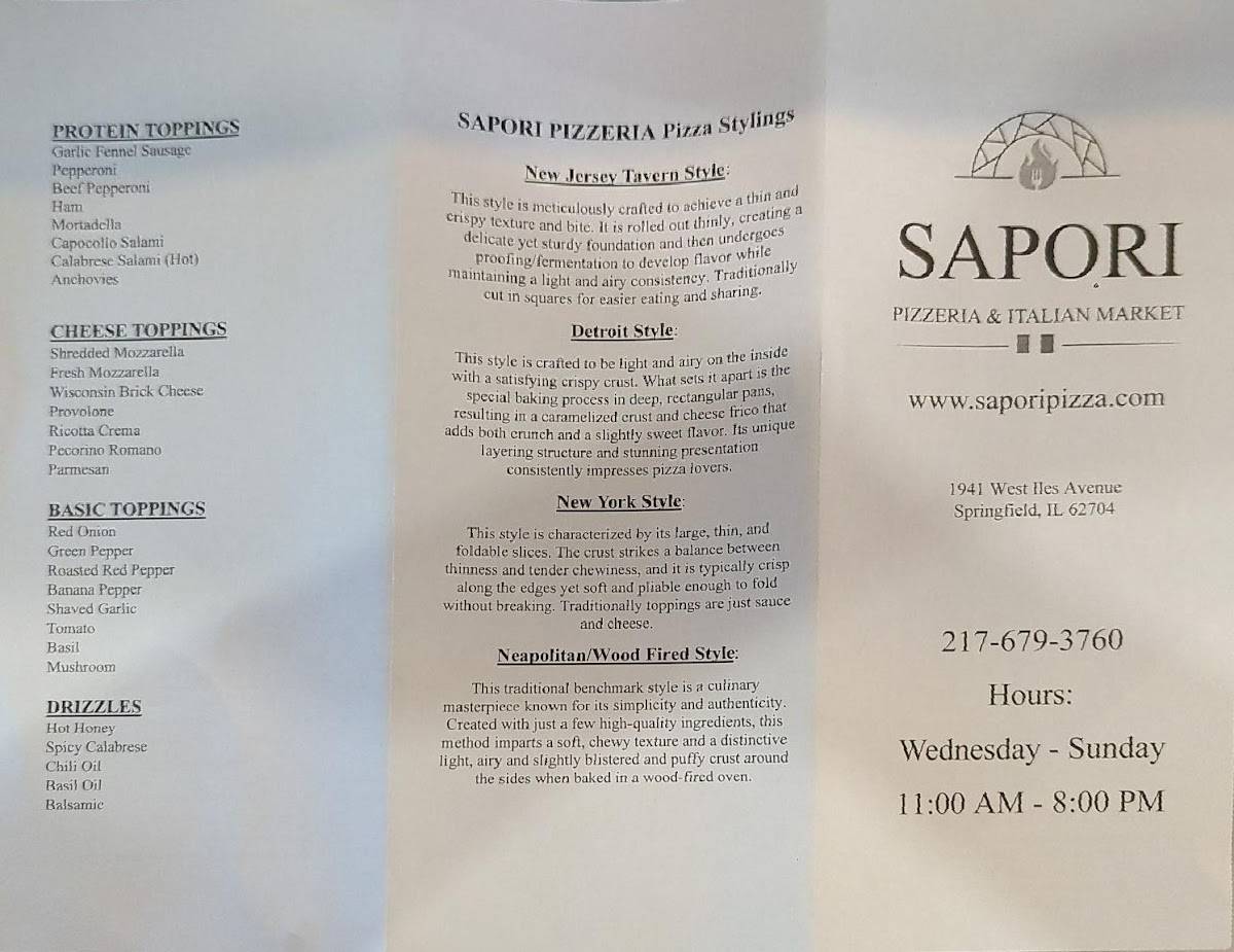 Menu at Sapori Pizzeria & Italian Market, Springfield