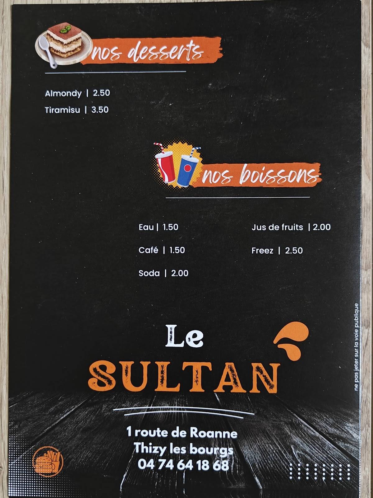 Menu au Sultan Kebab pizzeria, Thizy-les-Bourgs