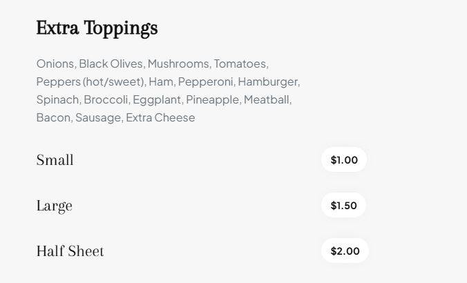 Menu at The Pizza Lady pizzeria, Westerly