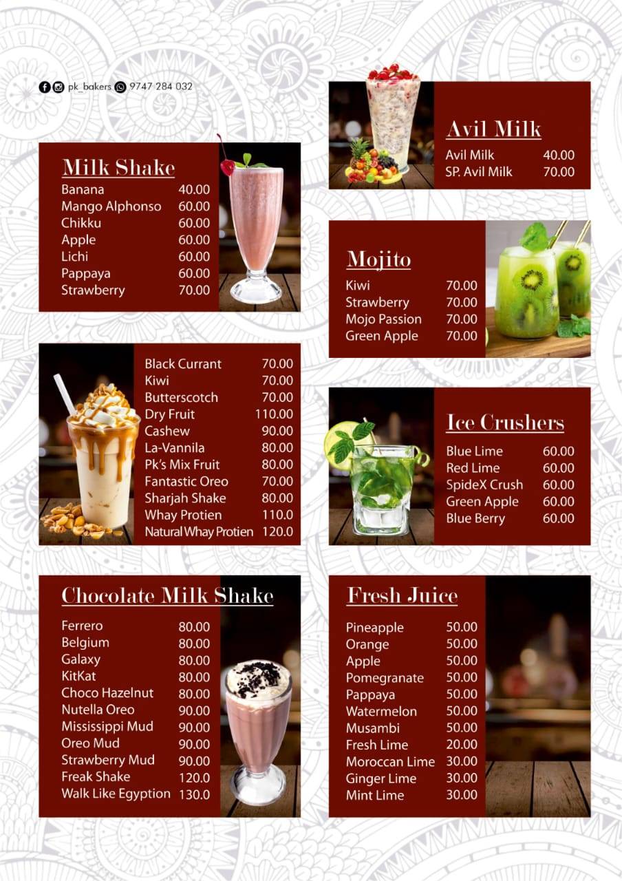Menu at Pk Baker's, Seethangoli