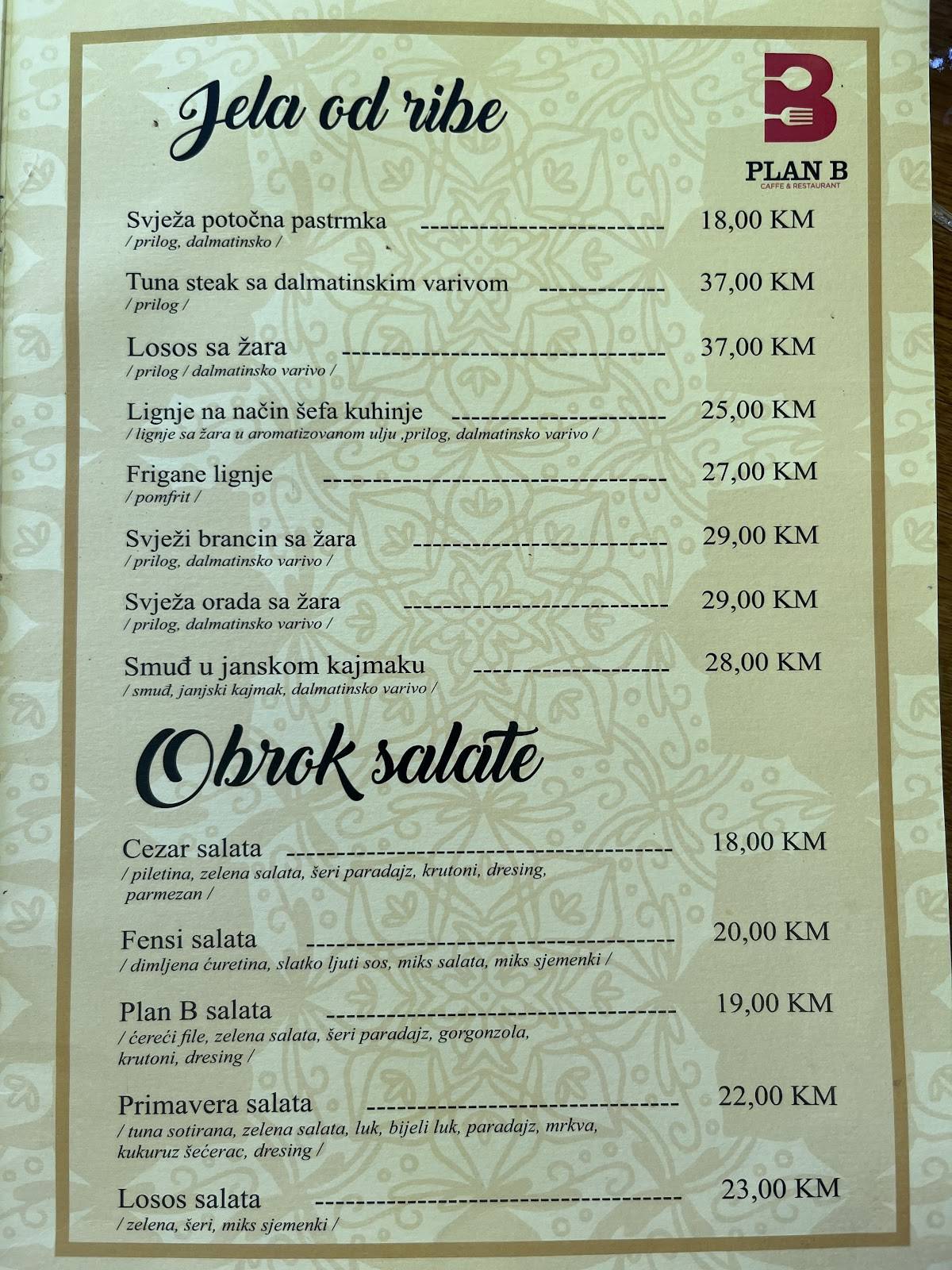 Menu at Plan B restaurant, Banja Luka