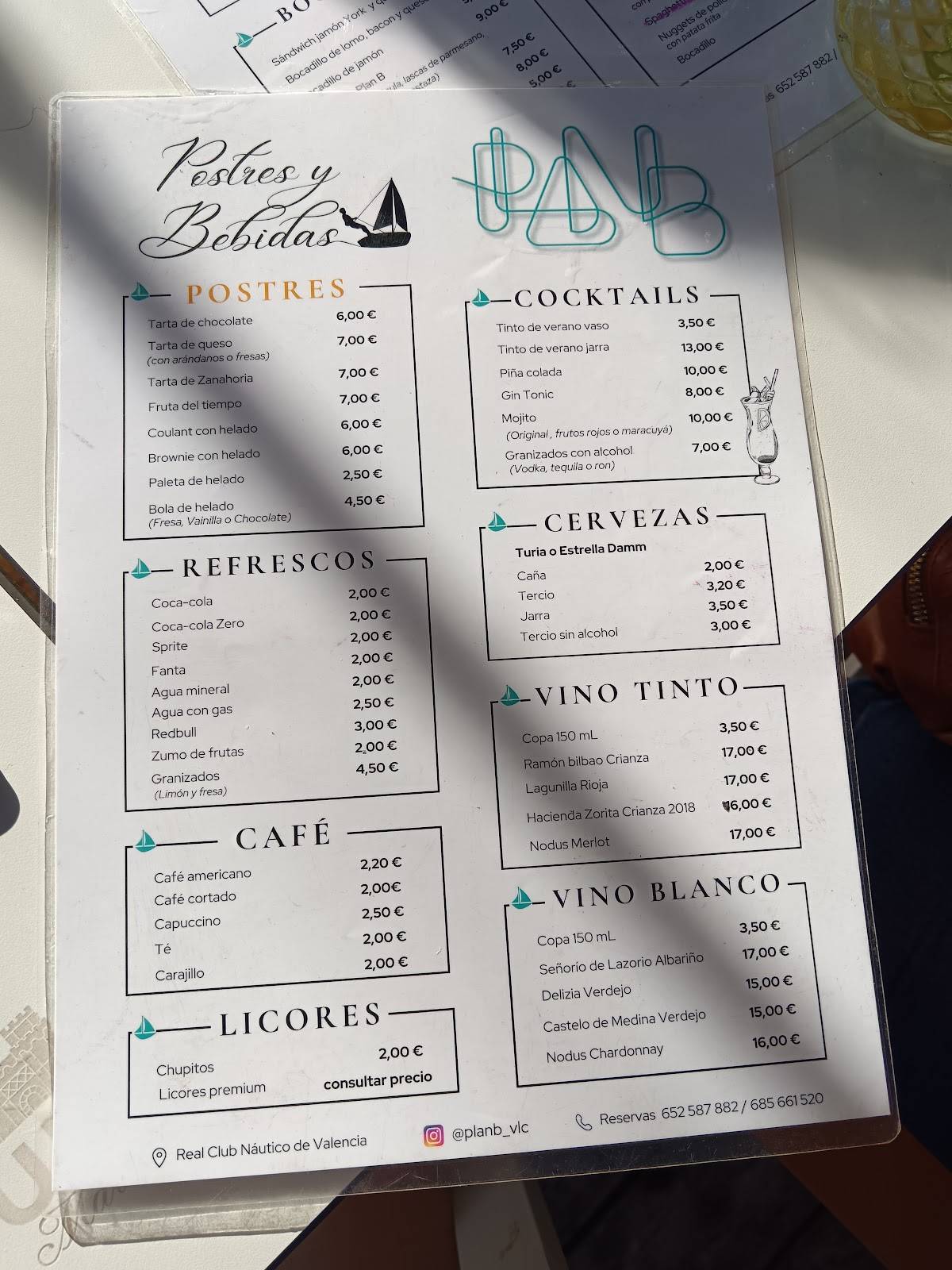 Carta del restaurante Plan B, Valencia