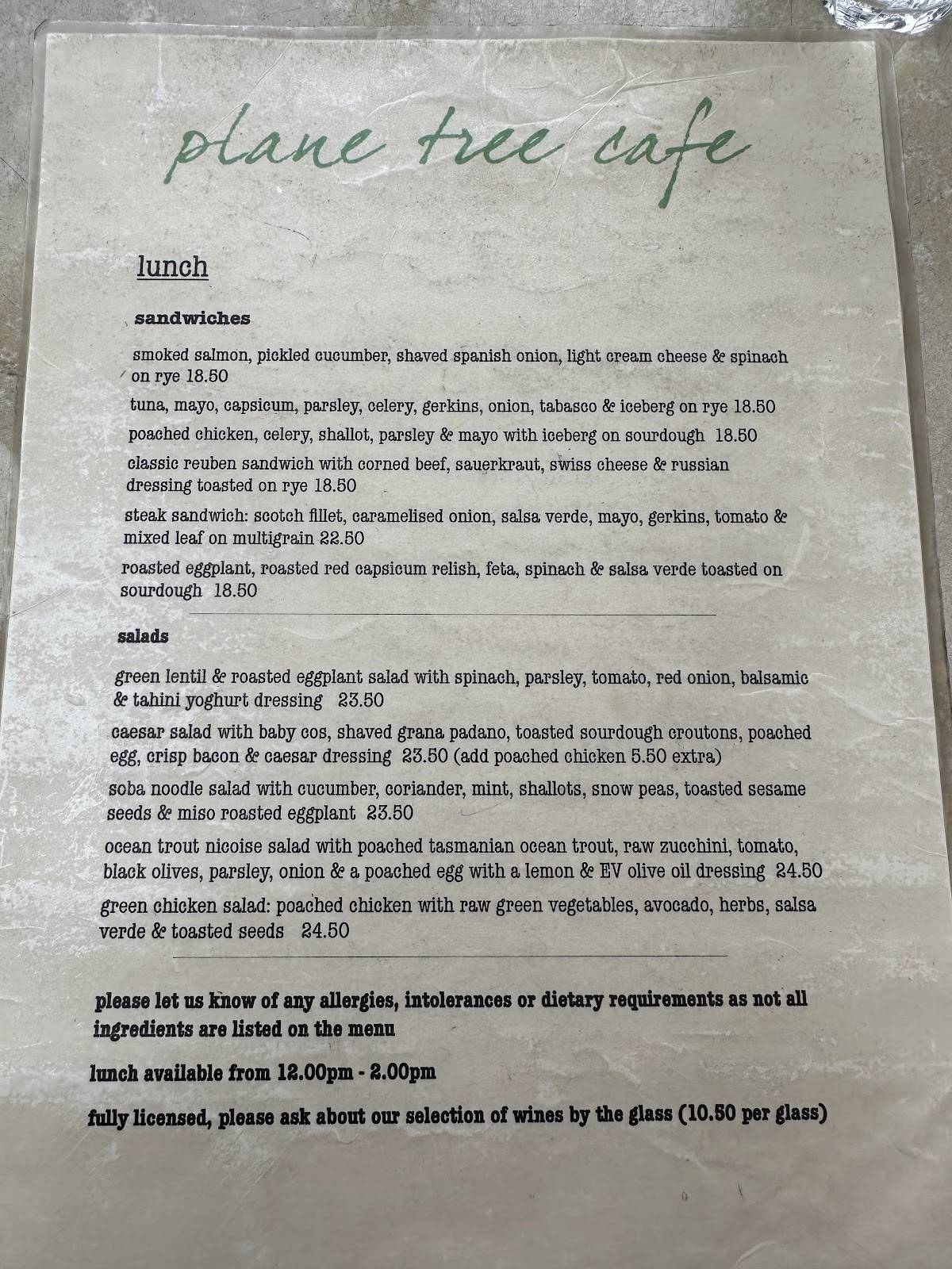Menu at Plane Tree Cafe, Woollahra