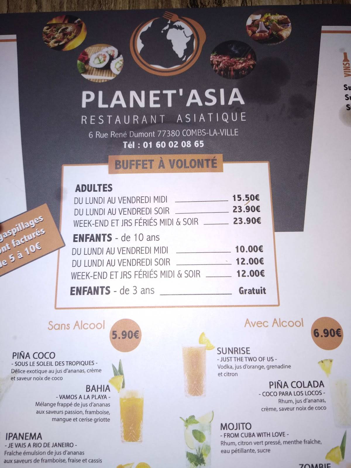 Menu au Planet'Asia restaurant, Combs-la-Ville