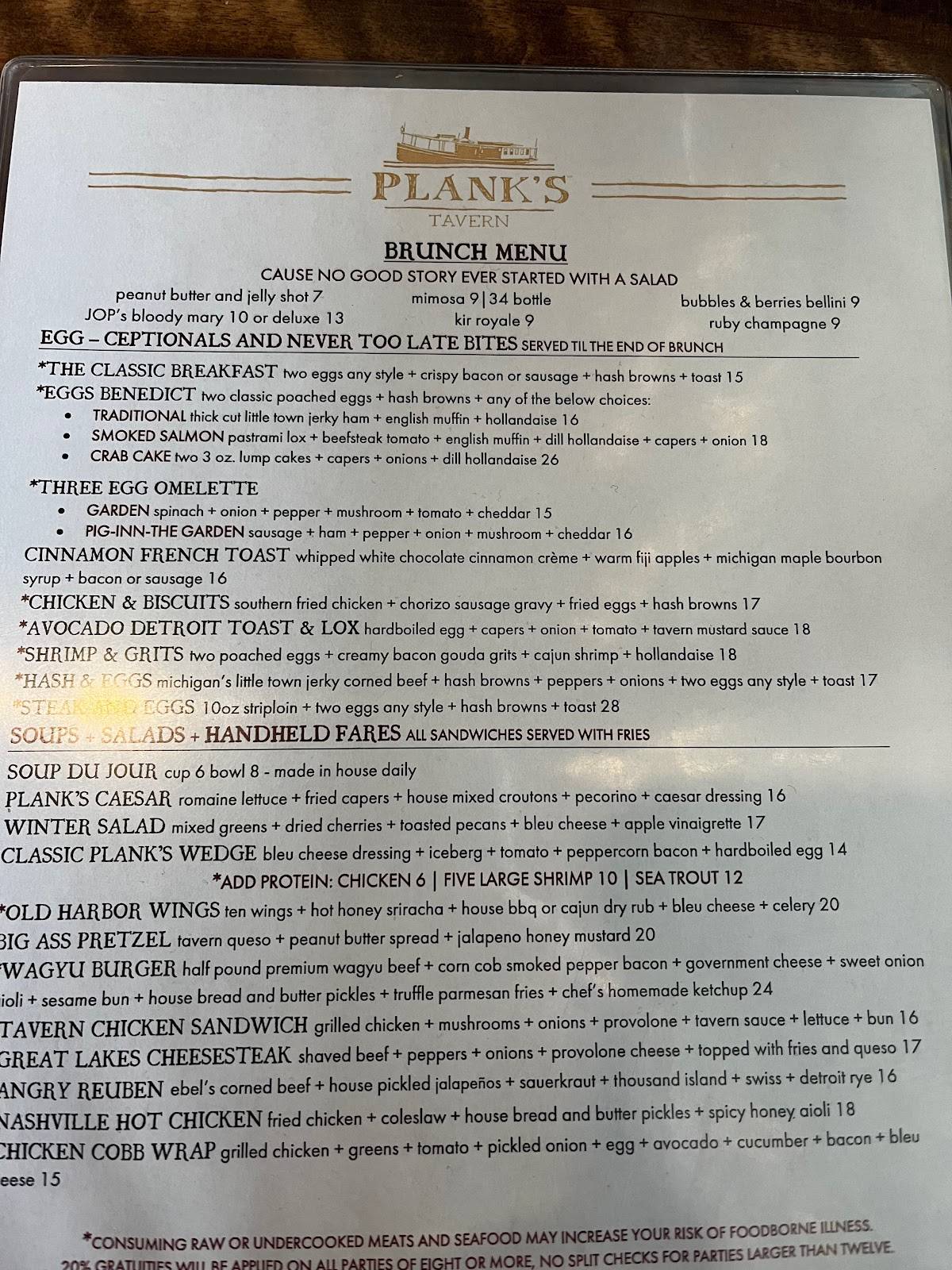 Menu at Plank's Tavern on the Water pub & bar, Saint Joseph