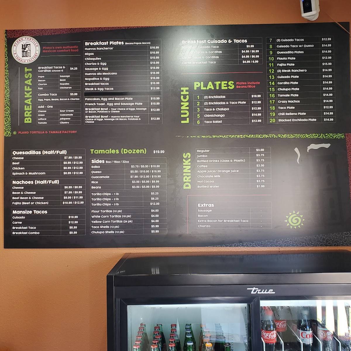 Menu at Plano Tortilla & Tamale Factory restaurant, Plano
