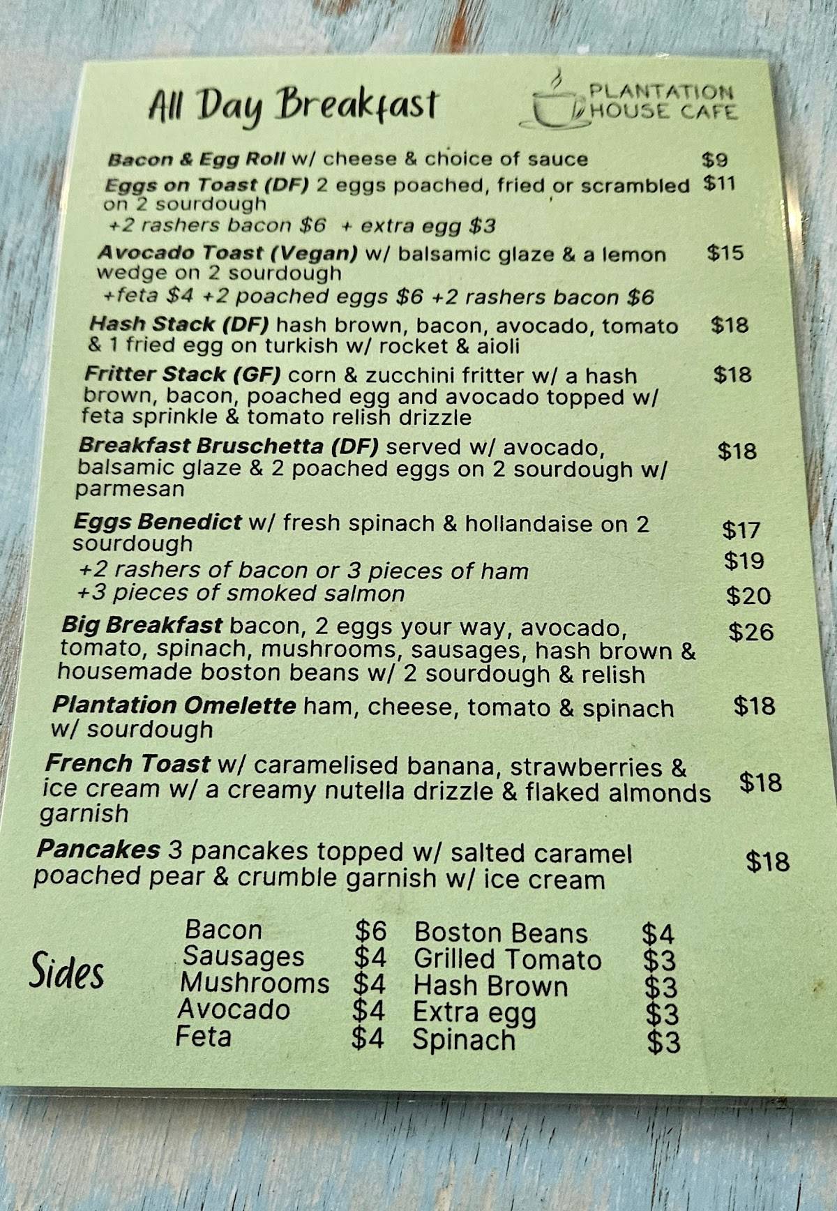 Menu at Plantation House Cafe, Burleigh Heads
