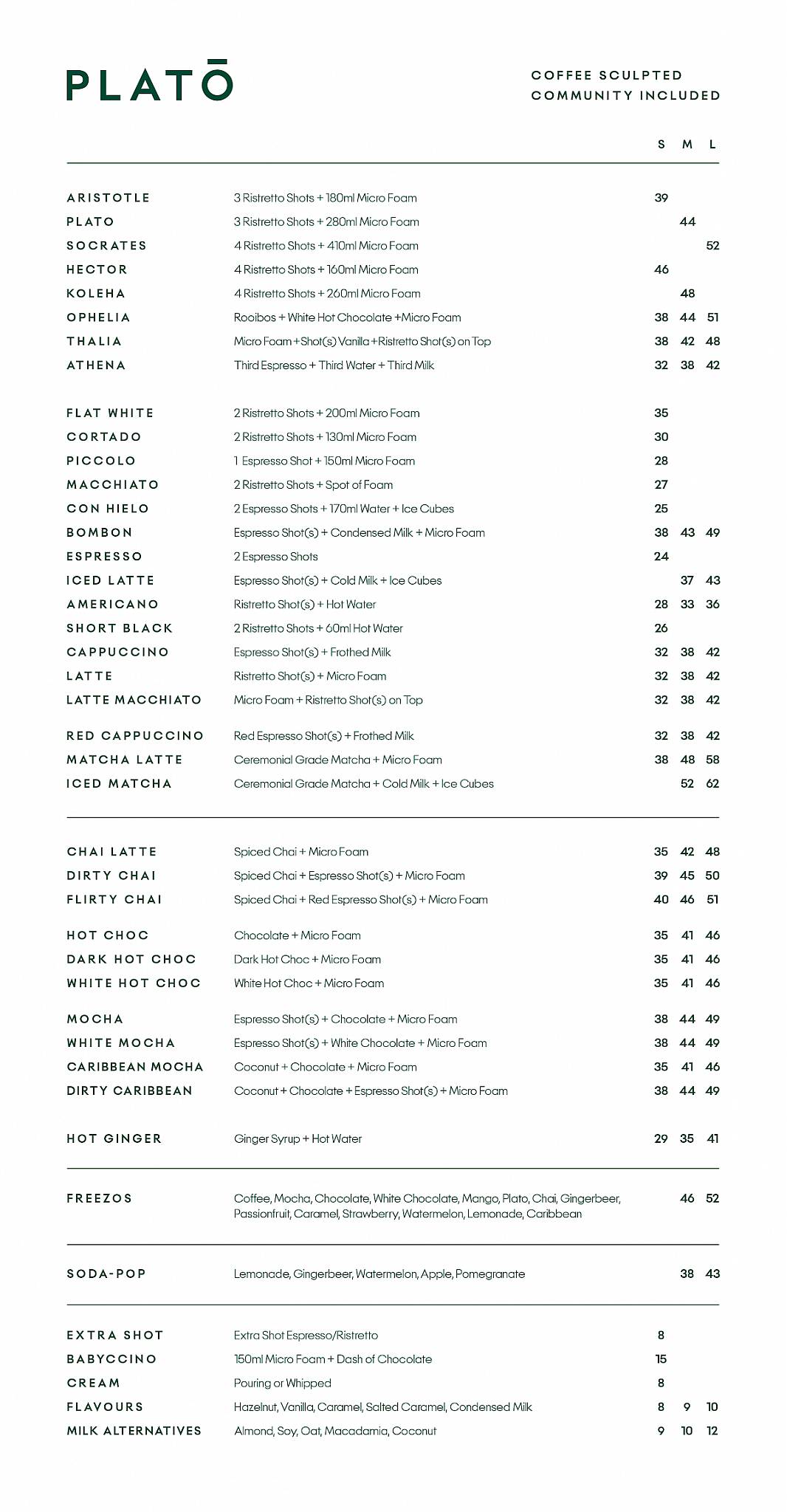 Menu at Platō Coffee - Stanley, Johannesburg