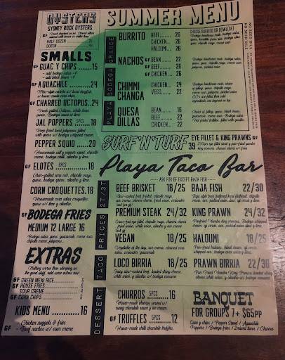 Menu at Playa Bodega restaurant, Yamba