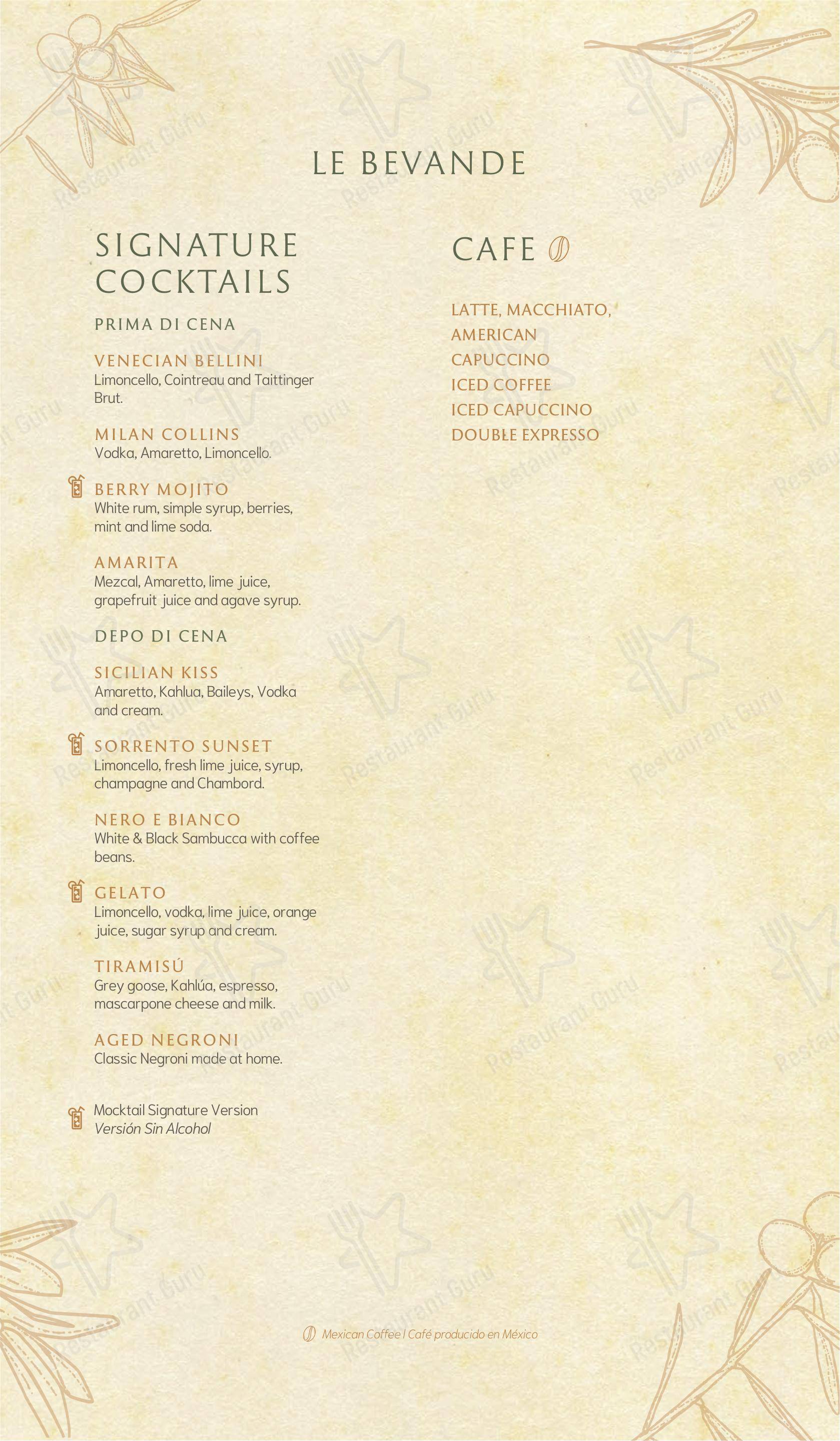 Carta del restaurante Cello, Playa del Carmen
