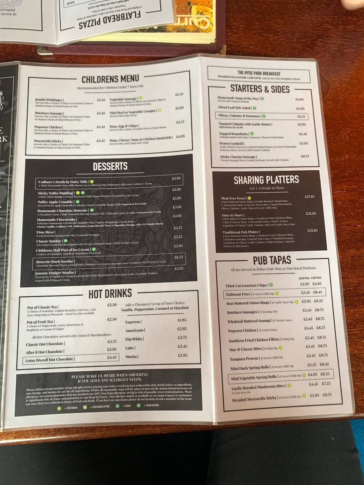 Menu at The Hyde Park pub & bar, Plymouth