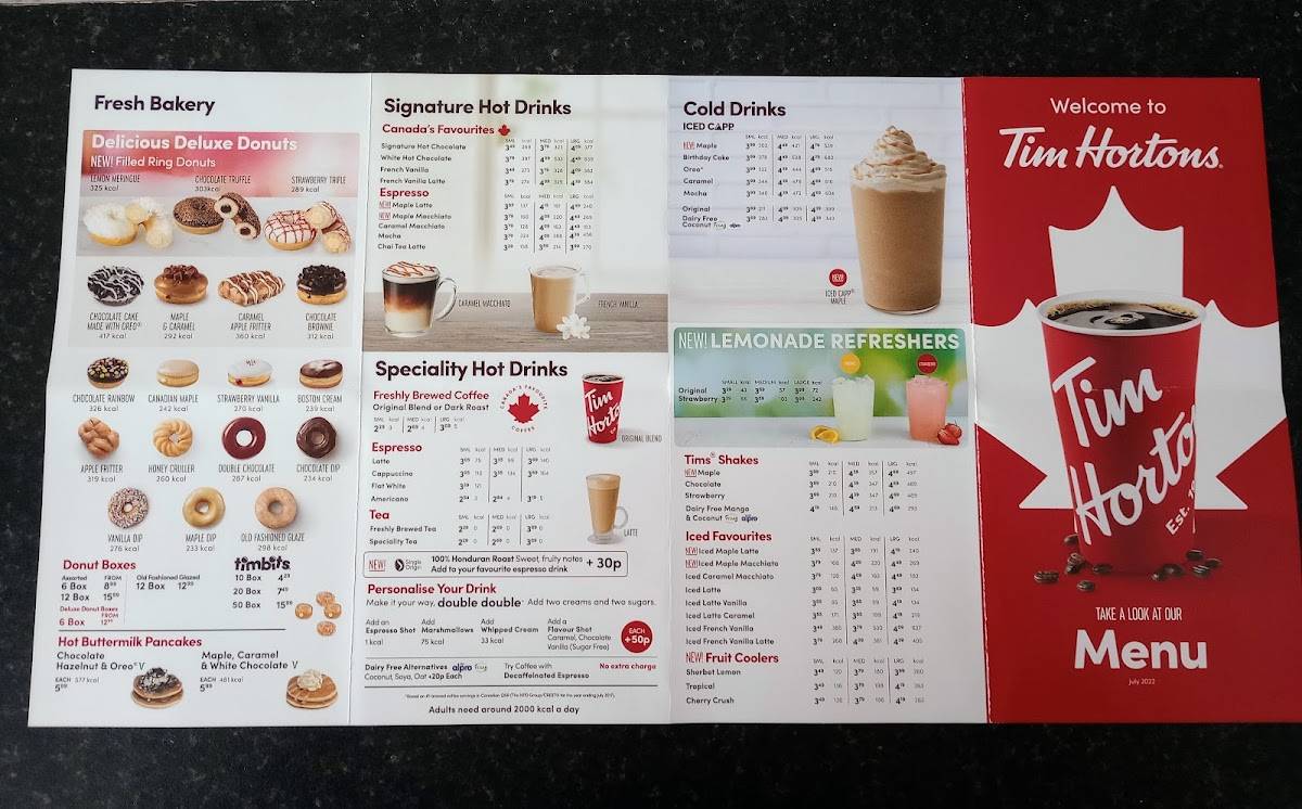 Menu at Tim Hortons restaurant, Plymouth