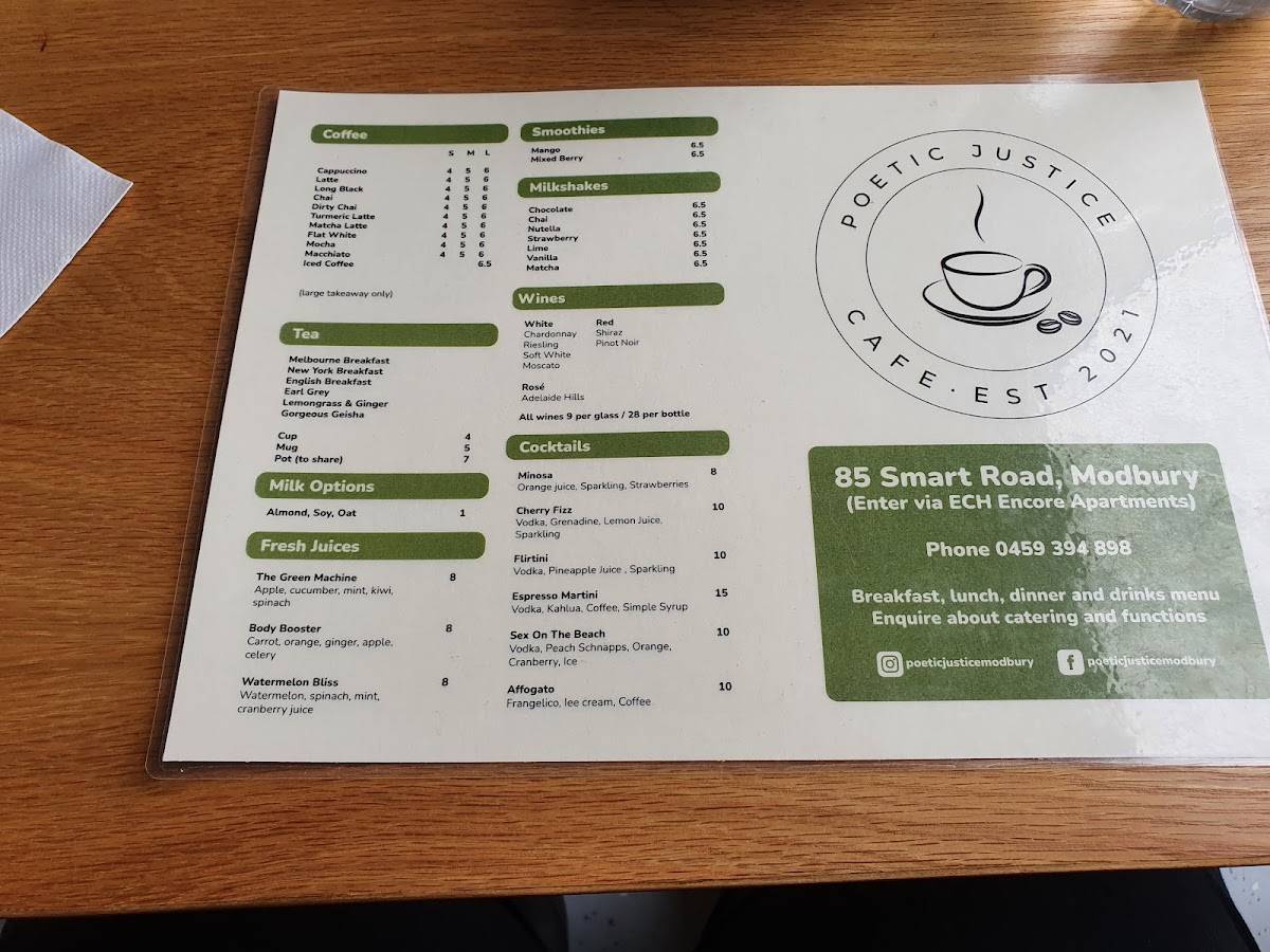 Menu at Poetic Justice Cafe Modbury, Modbury