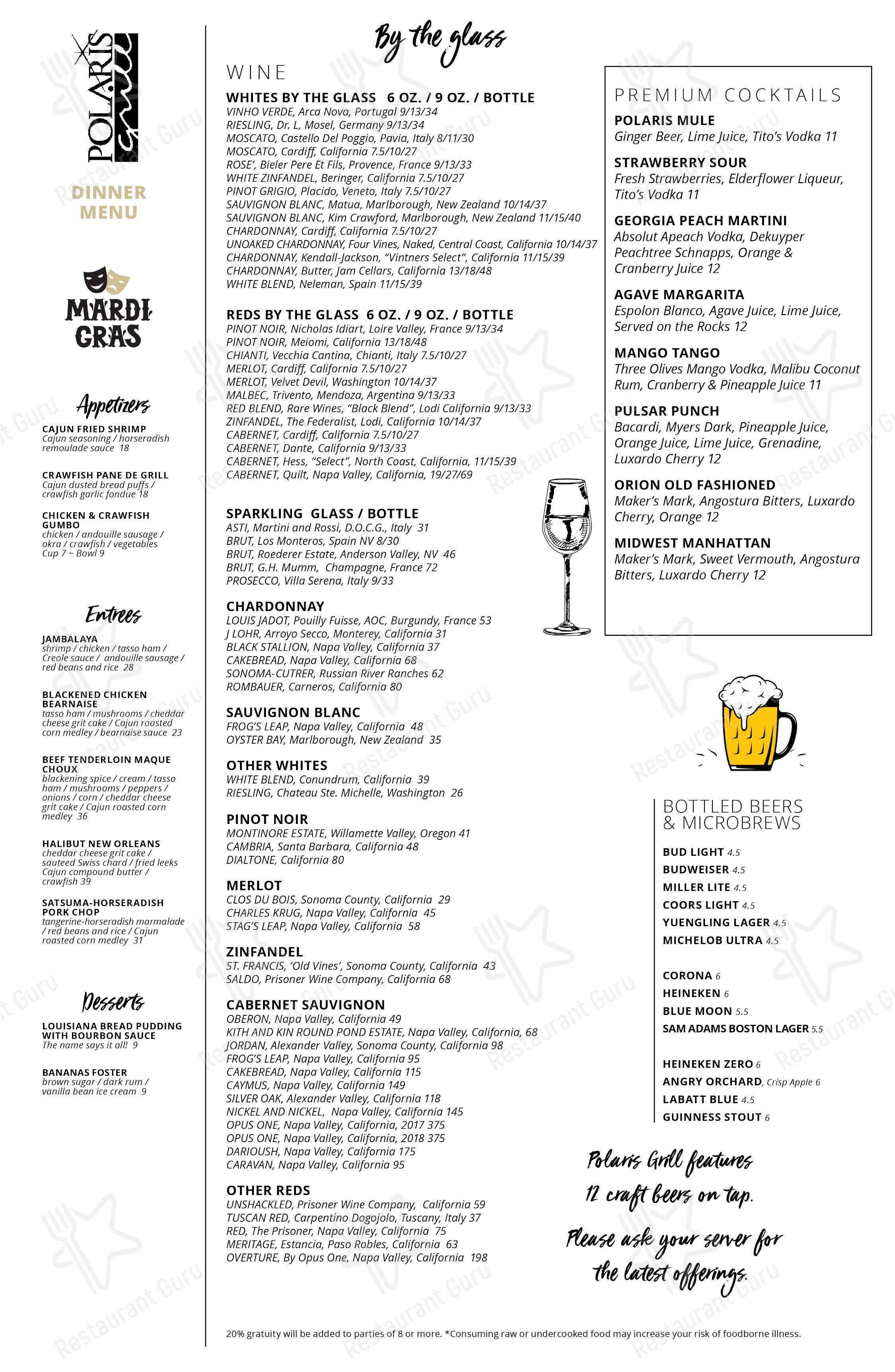 Menu at Polaris Grill restaurant, Columbus, Polaris Pkwy
