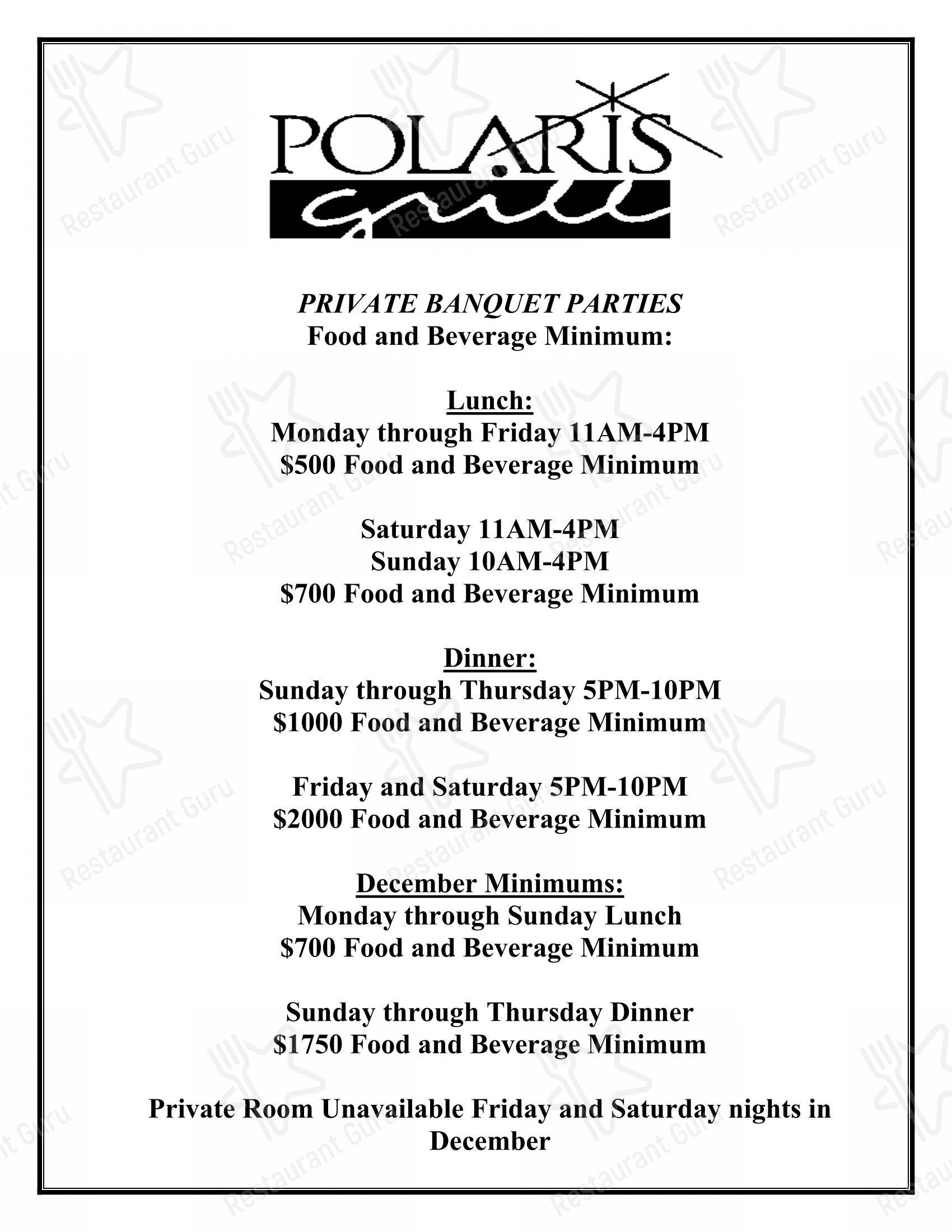Menu at Polaris Grill restaurant, Columbus, Polaris Pkwy