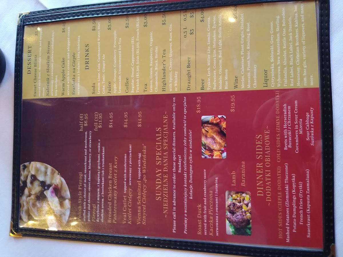 Menu at Polish Highlanders Restaurant, Bar, and Banquet Halls, Chicago