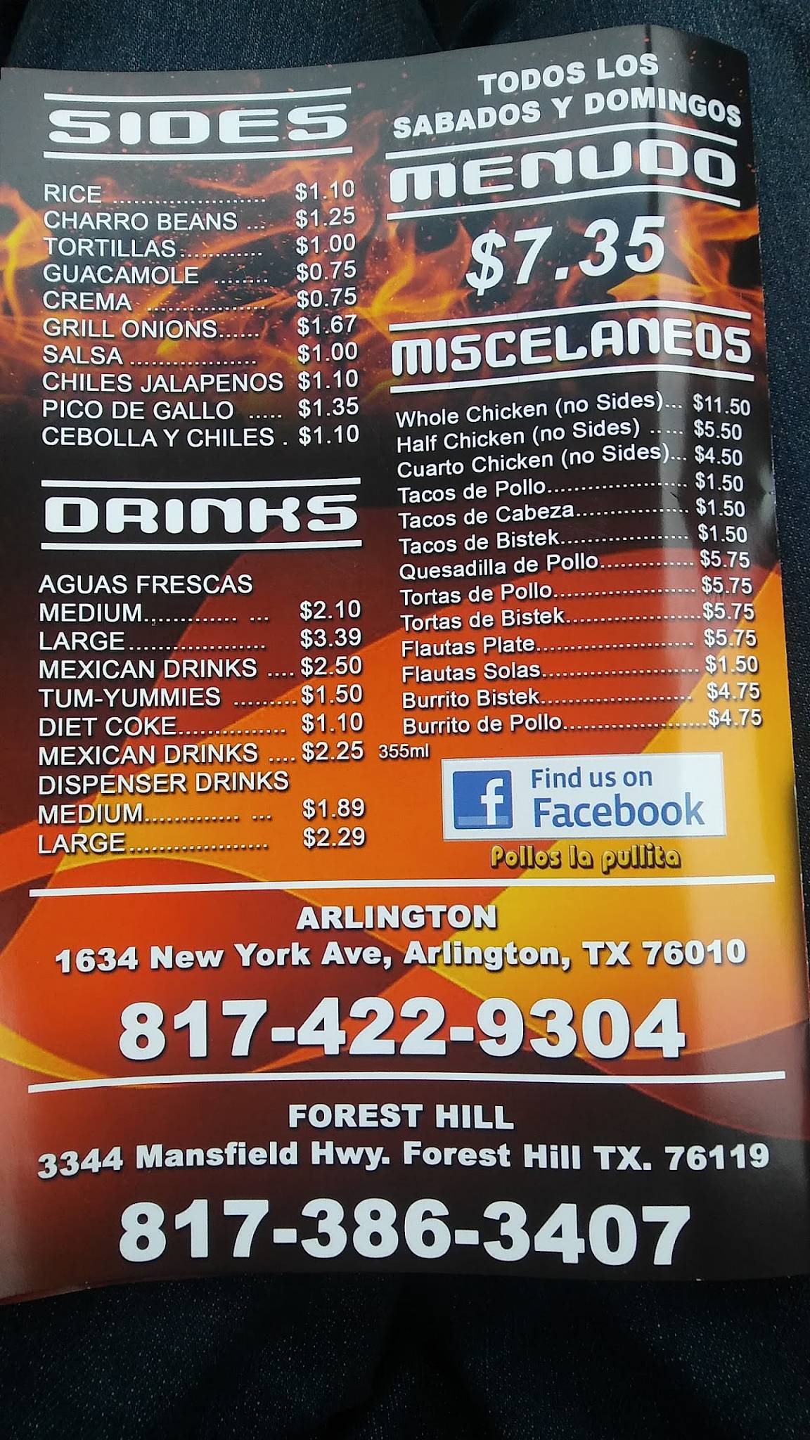 Carta del restaurante Pollo Maya, Forest Hill, Mansfield Hwy
