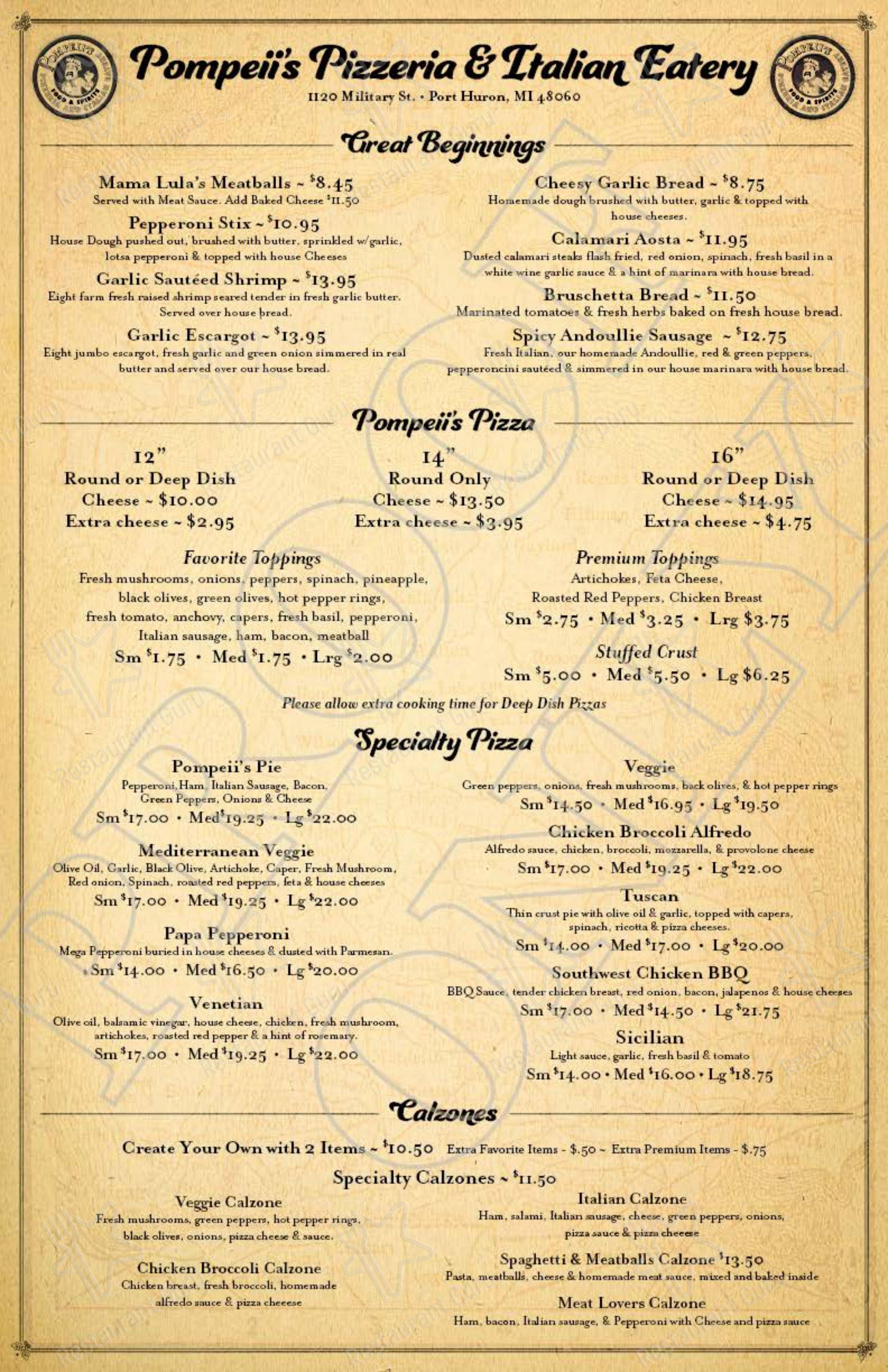 Menu at Pompeii's Pizzeria & Italian Eatery, Port Huron
