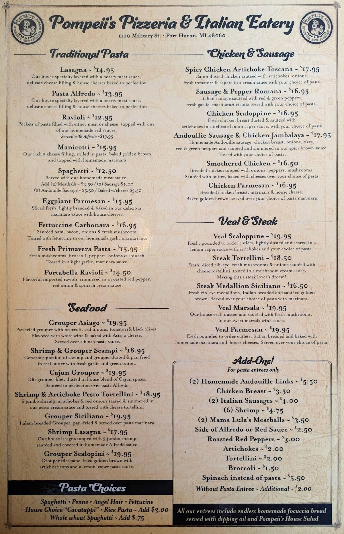 Menu at Pompeii's Pizzeria & Italian Eatery, Port Huron