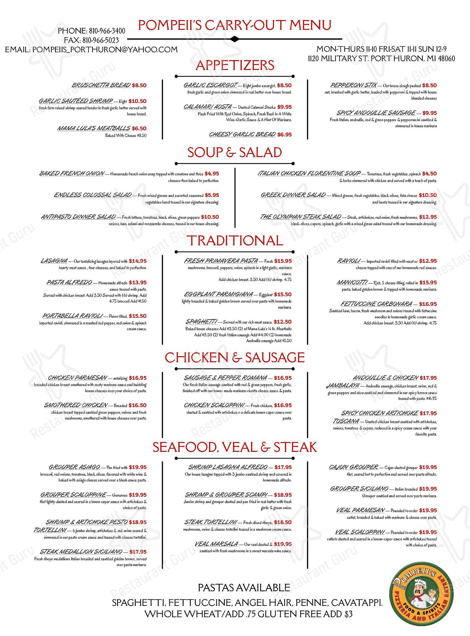 Menu at Pompeii's Pizzeria & Italian Eatery, Port Huron