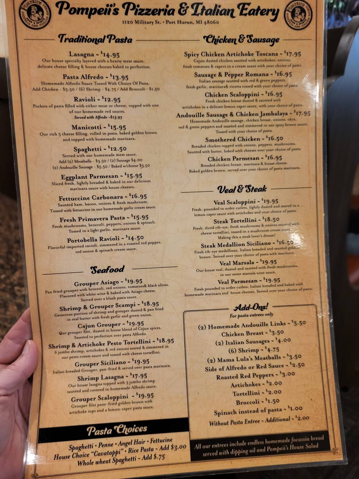 Menu at Pompeii's Pizzeria & Italian Eatery, Port Huron