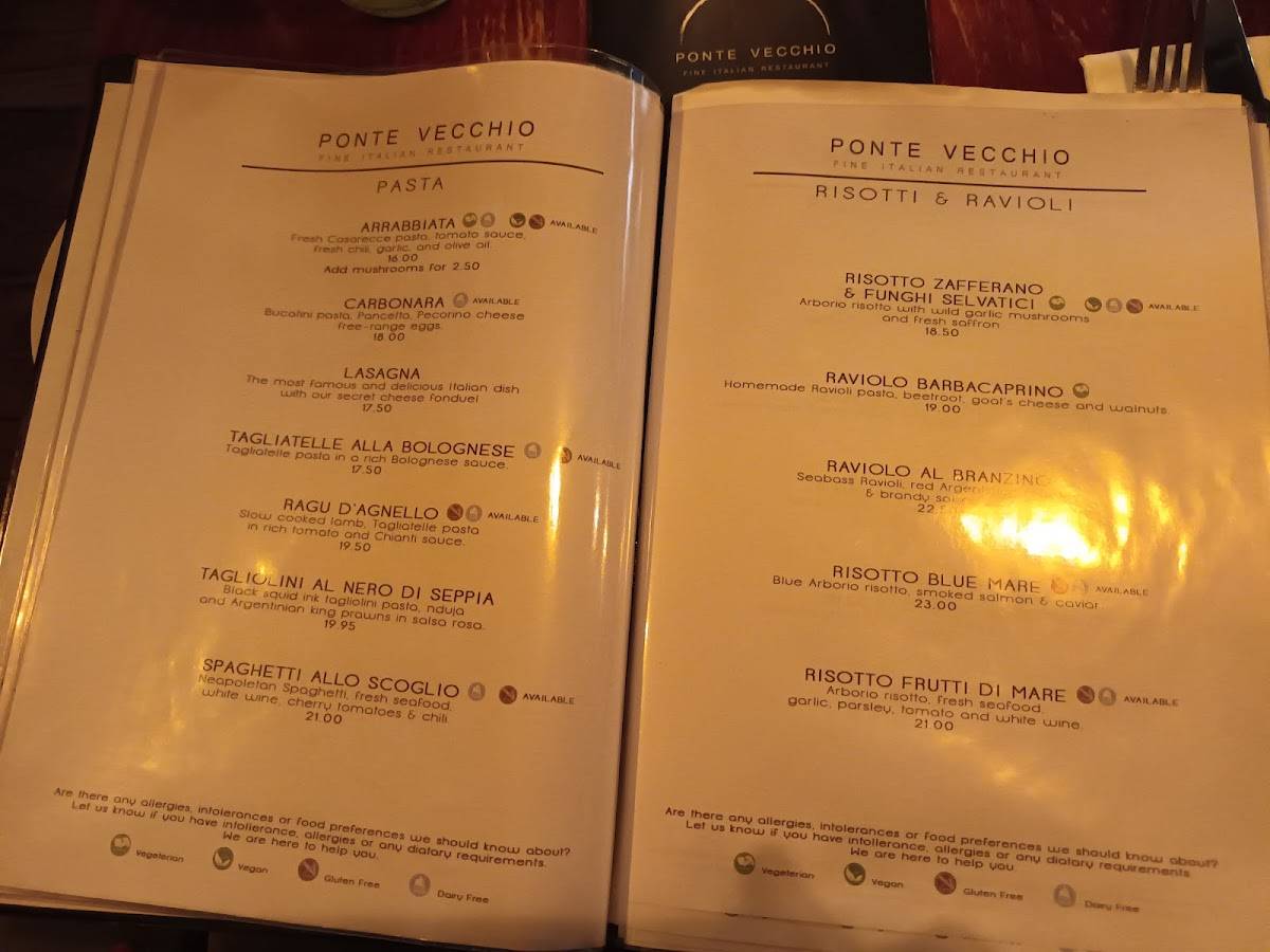 Menu at Ponte Vecchio restaurant, Bath