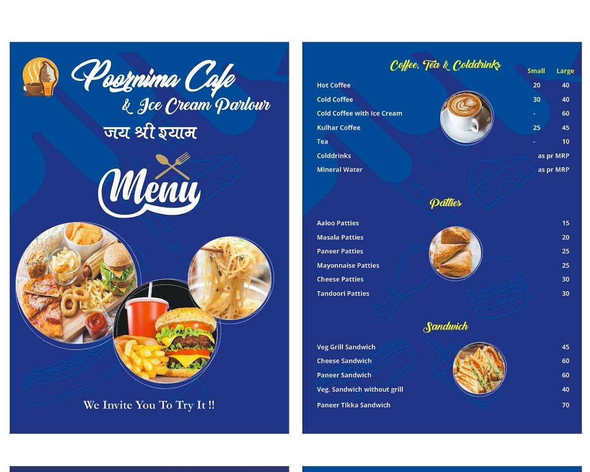 Menu at Poornima Cafe & Ice cream parlour, Jaipur