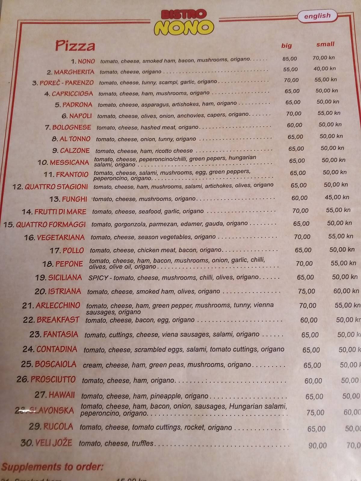 Menu at Pizzeria Nono, Poreč