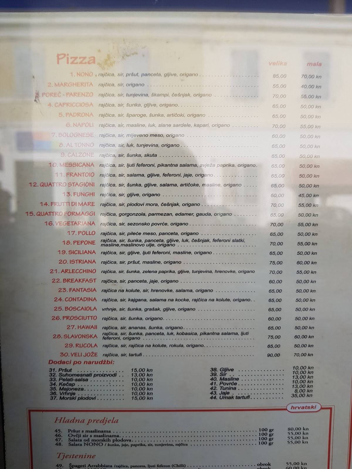 Menu at Pizzeria Nono, Poreč