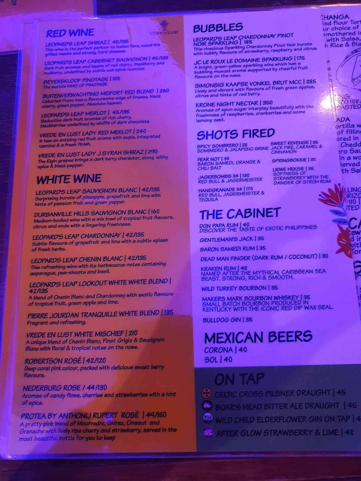 Menu at Chingada's Mexican Cantina restaurant, Port Elizabeth
