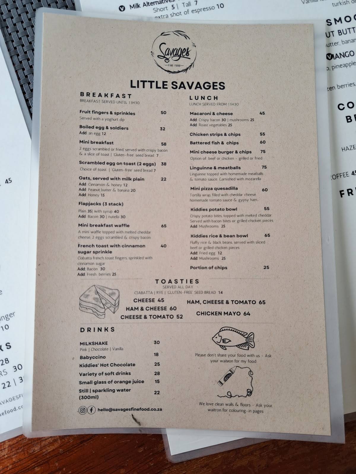 Menu at Savages Fine Food restaurant, Port Elizabeth
