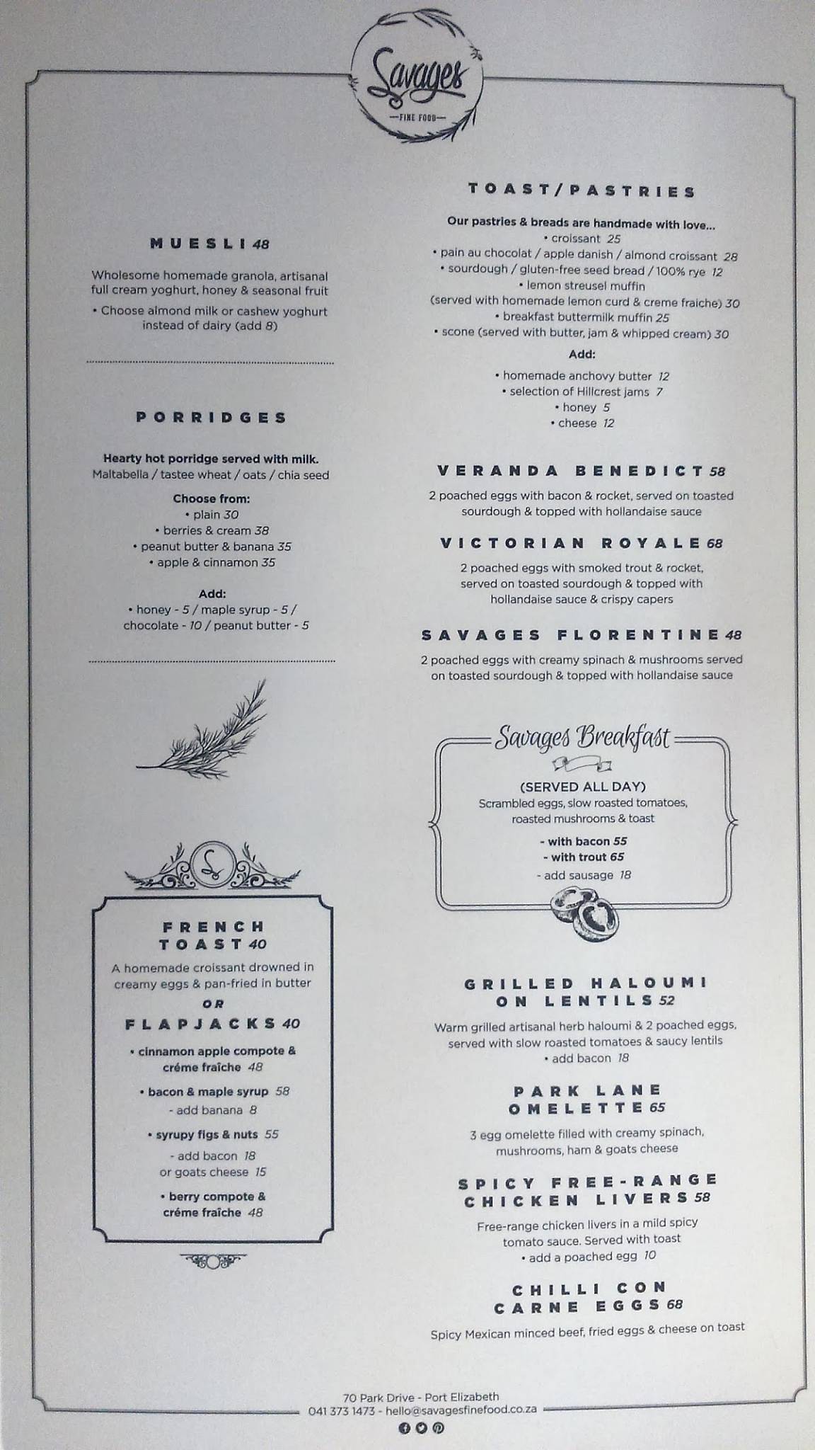 Menu at Savages Fine Food restaurant, Port Elizabeth