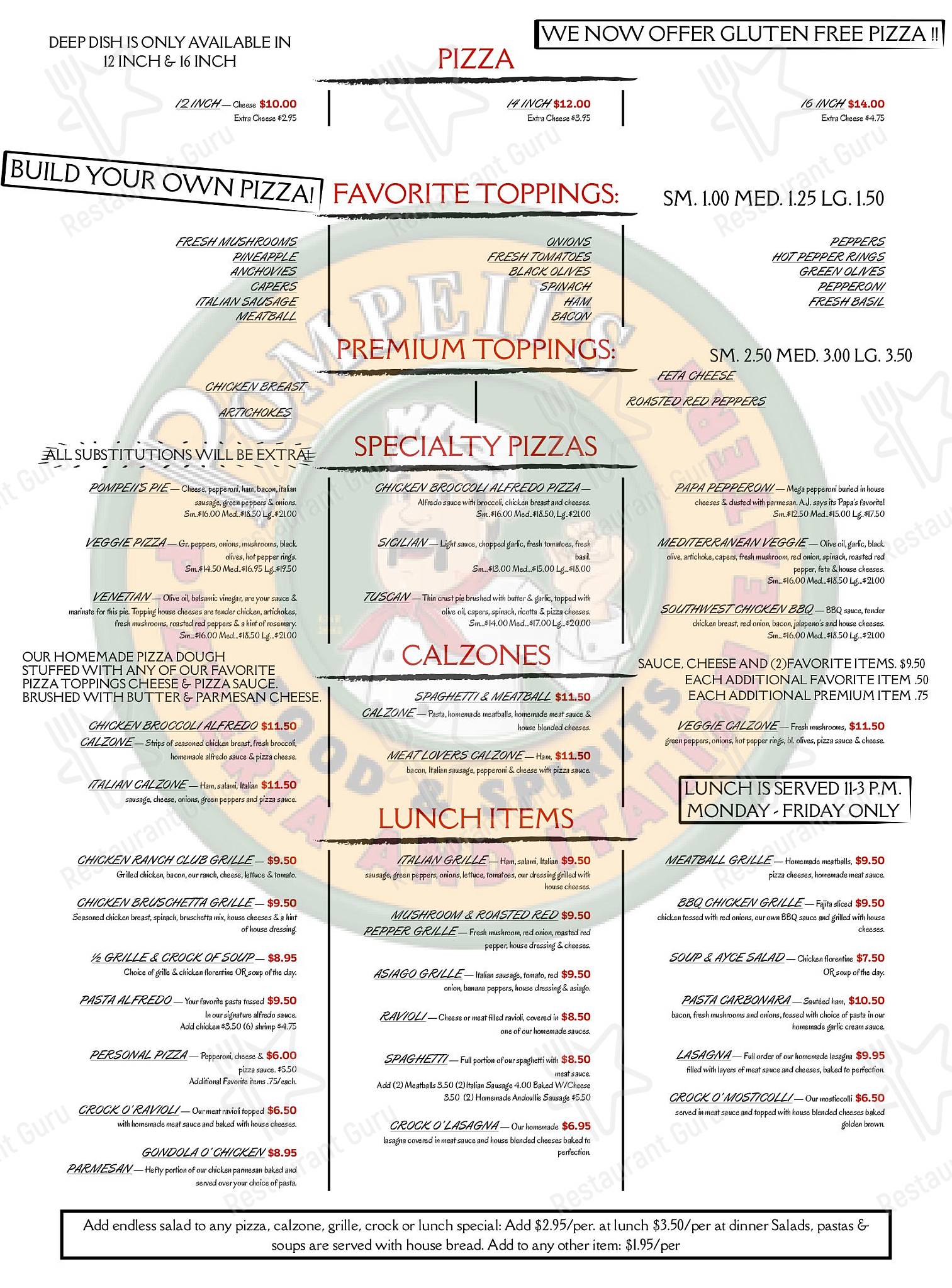 Menu at Pompeii's Pizzeria & Italian Eatery, Port Huron