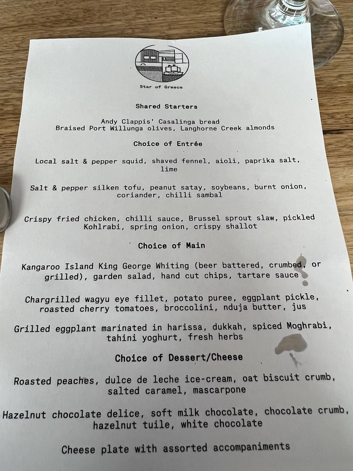 Menu at Star of Greece restaurant, Port Willunga