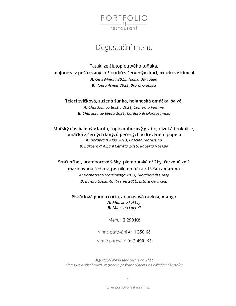 Menu at Portfolio restaurant, Prague
