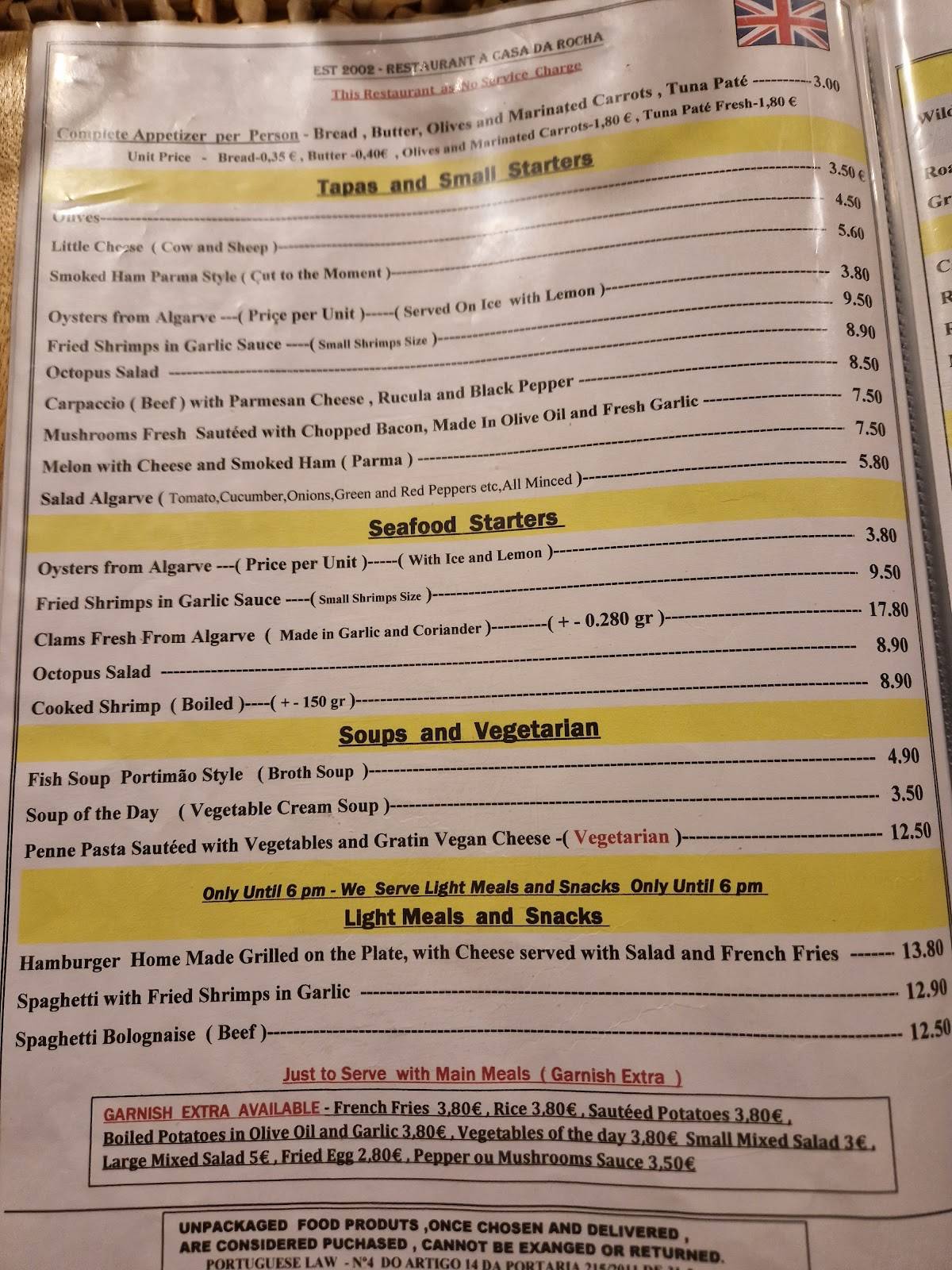 Menu at A Casa da Rocha restaurant, Portimão, Av. Tomás Cabreira