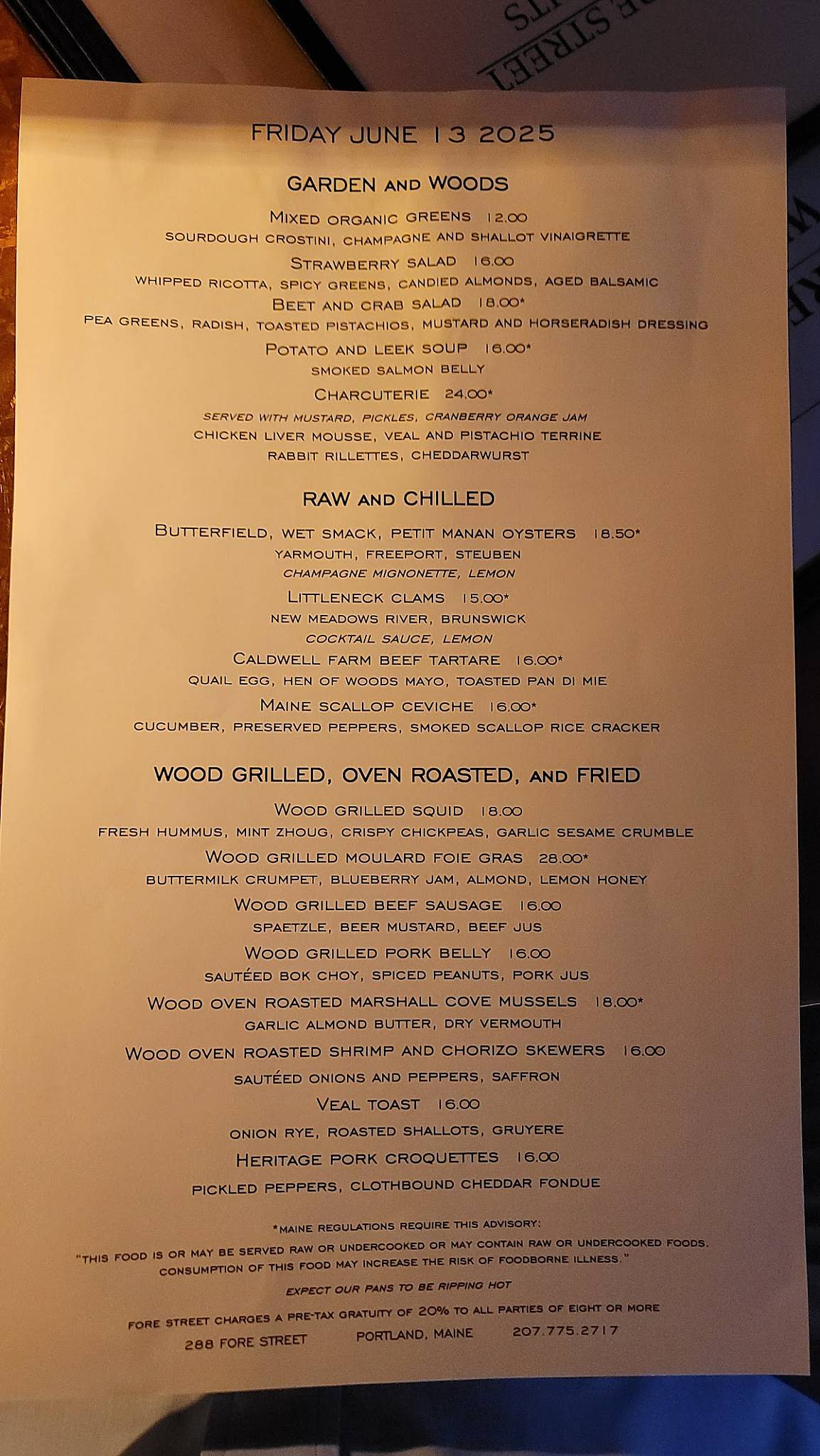 Menu at Fore Street Restaurant, Portland