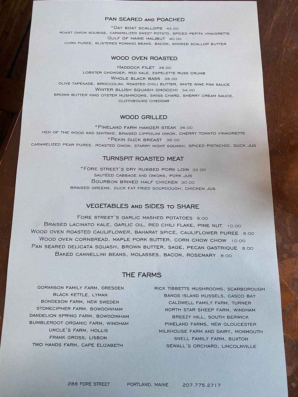 Menu at Fore Street Restaurant, Portland