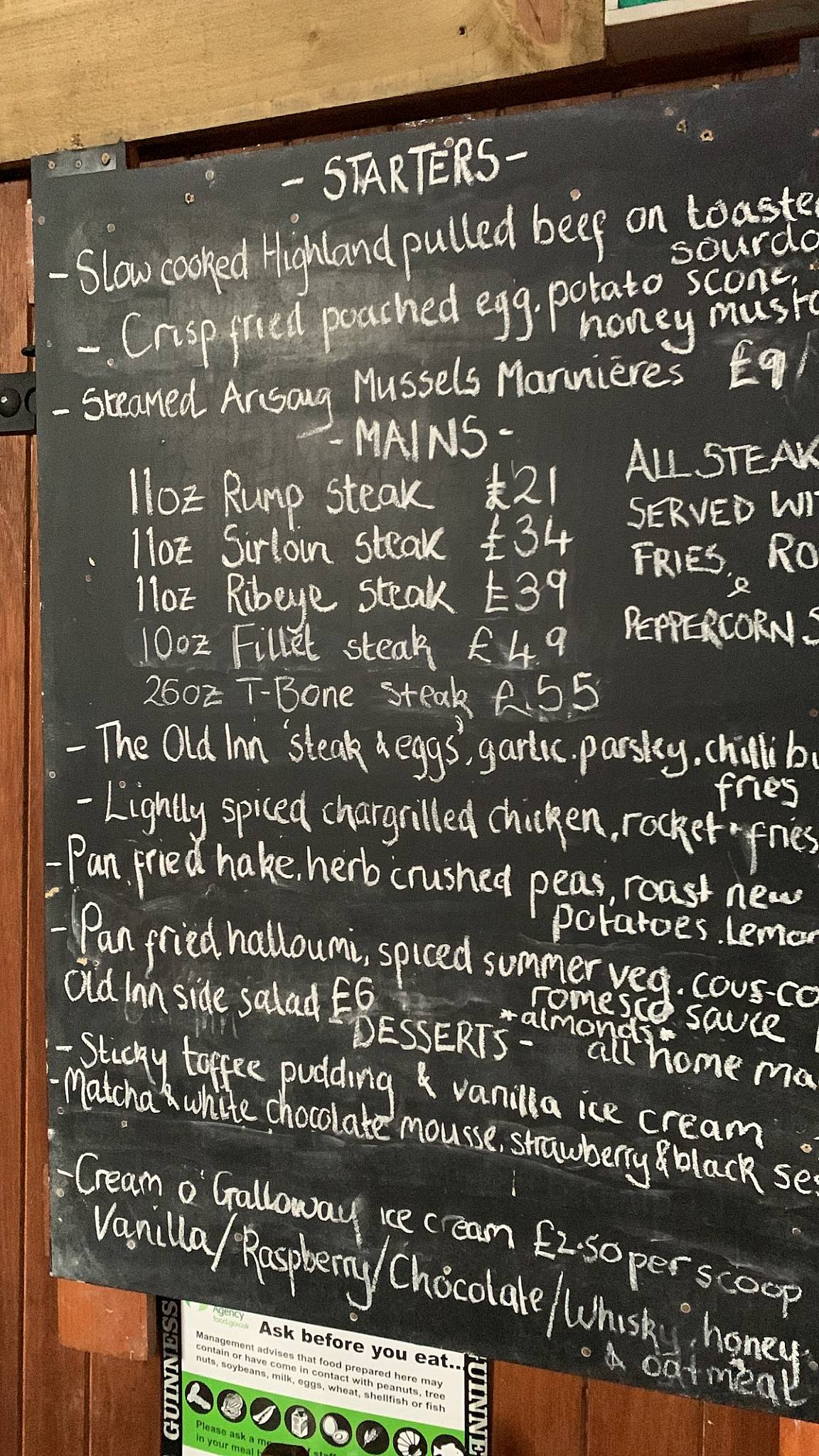Menu at The Old Inn pub & bar, Portnacroish, 2 A828