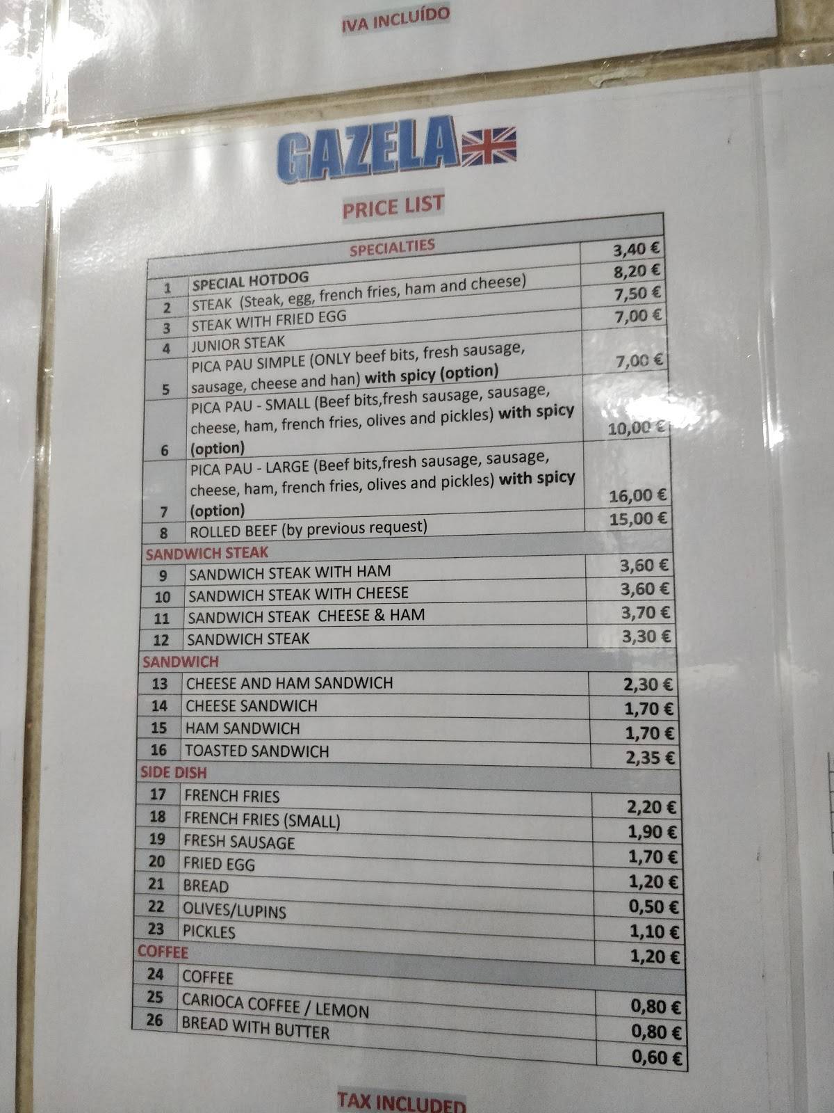 Menu at Gazela pub & bar, Porto