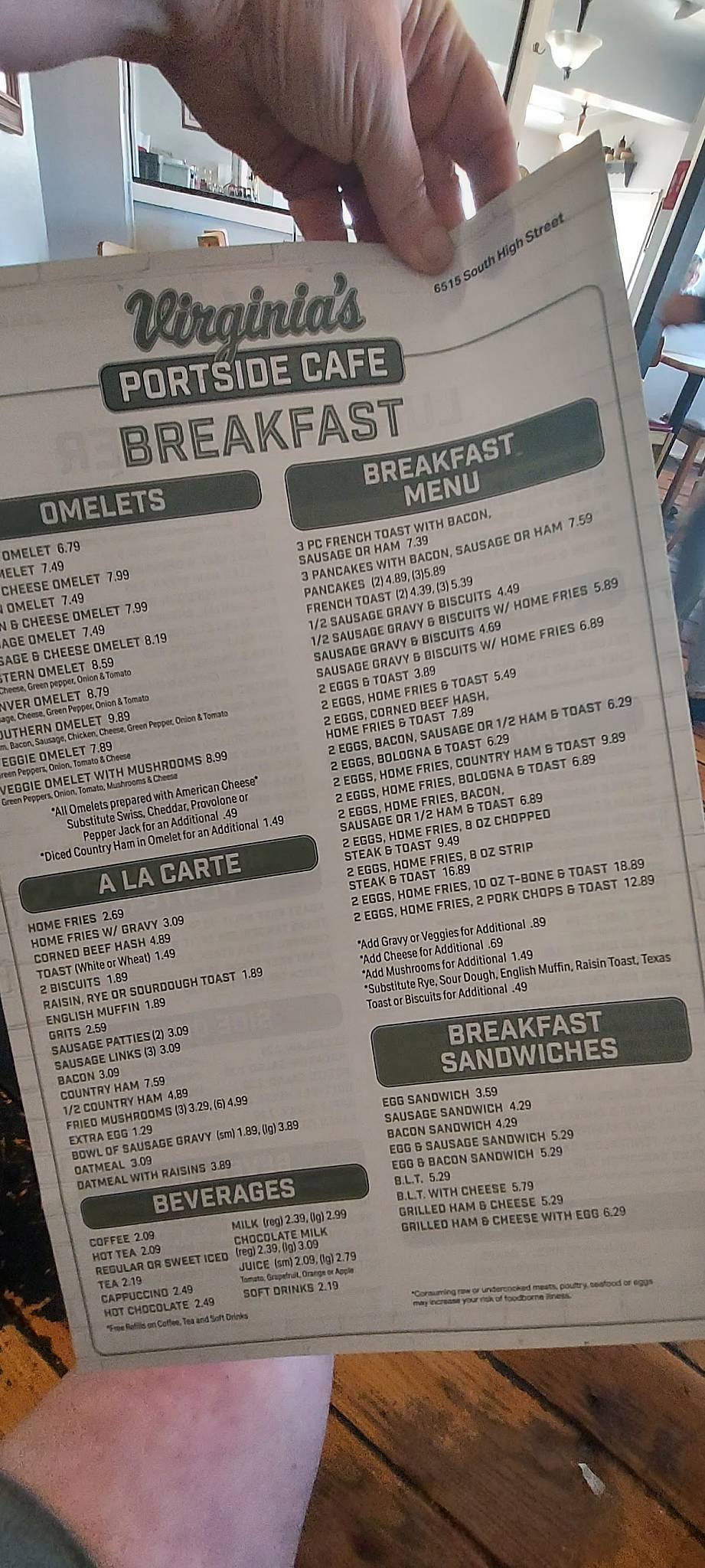 Menu at Portside Cafe, Lockbourne