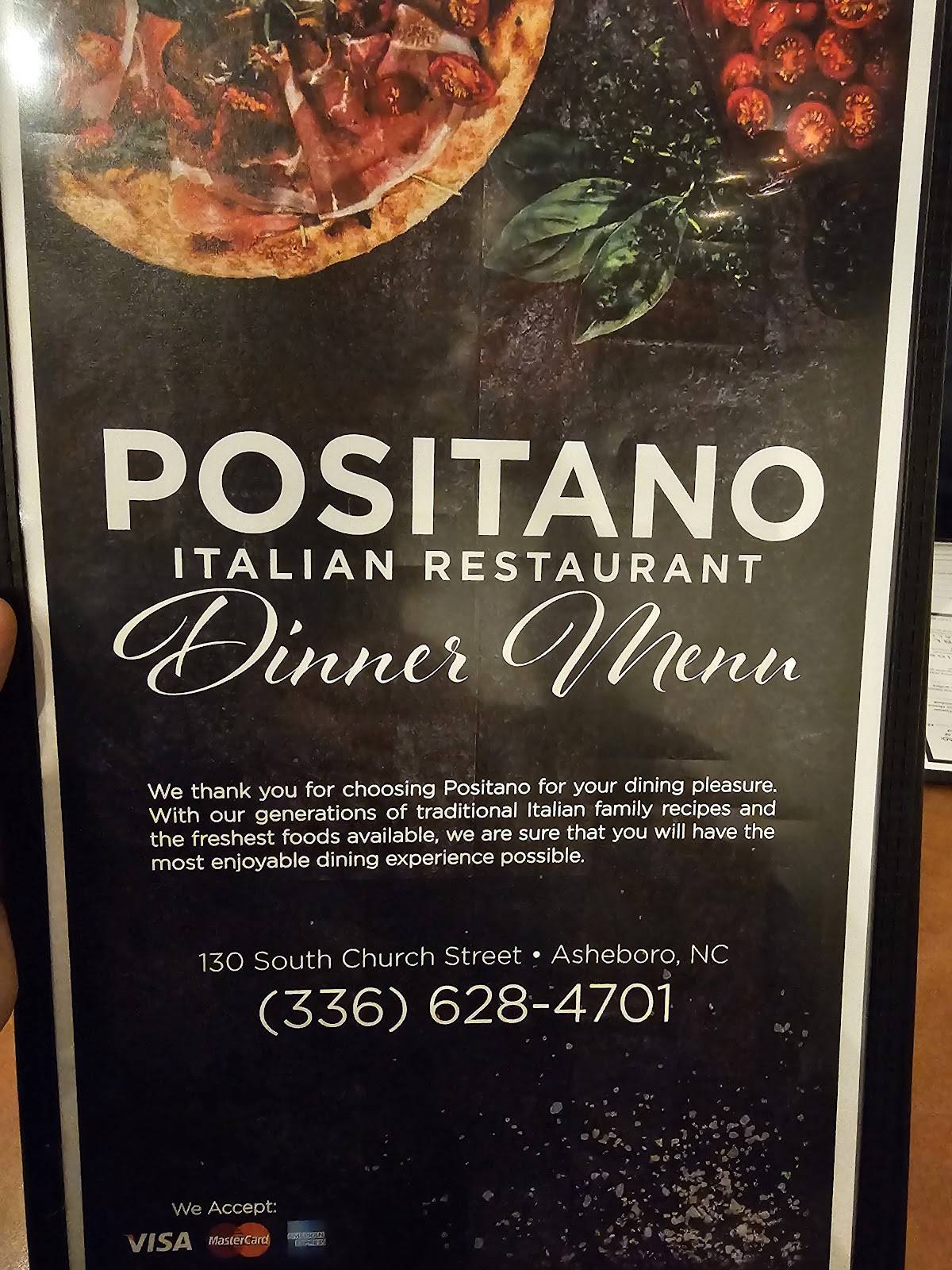 Menu at Positano restaurant, Asheboro