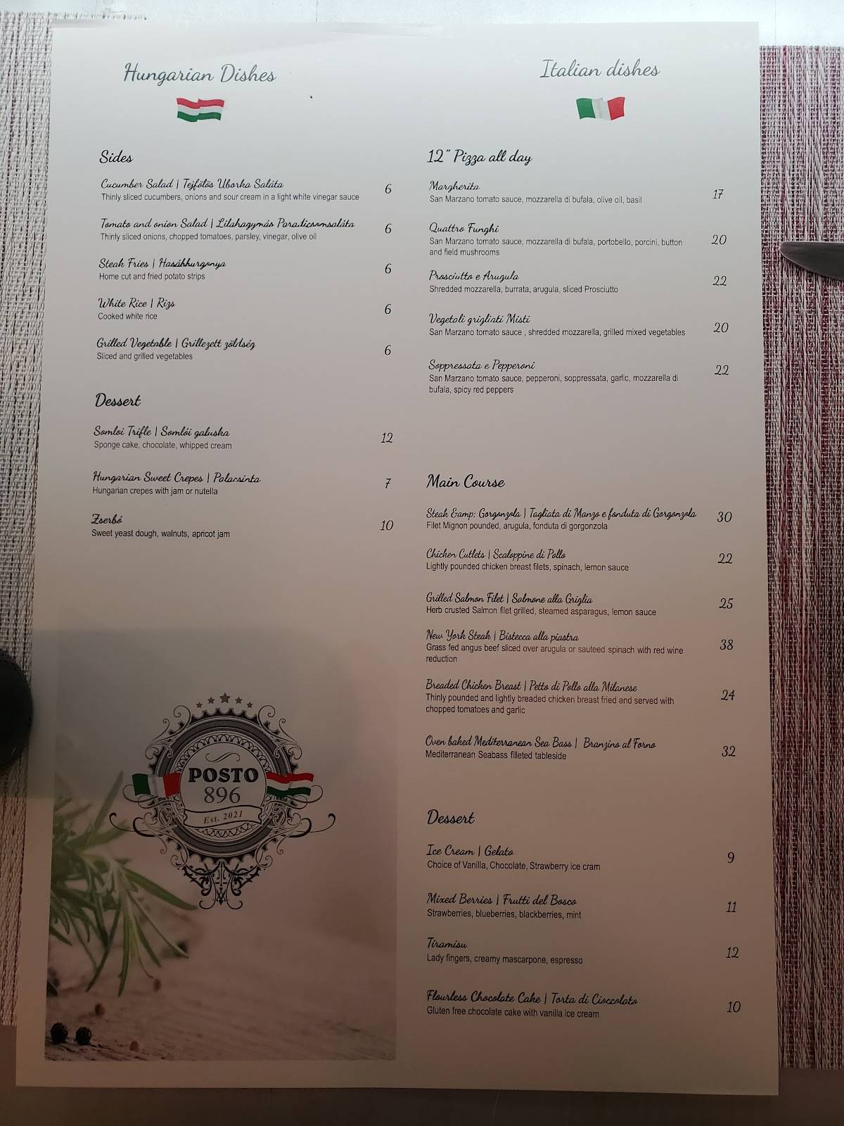 Menu at Posto 896 Italian & Hungarian Cuisine restaurant, Los Angeles