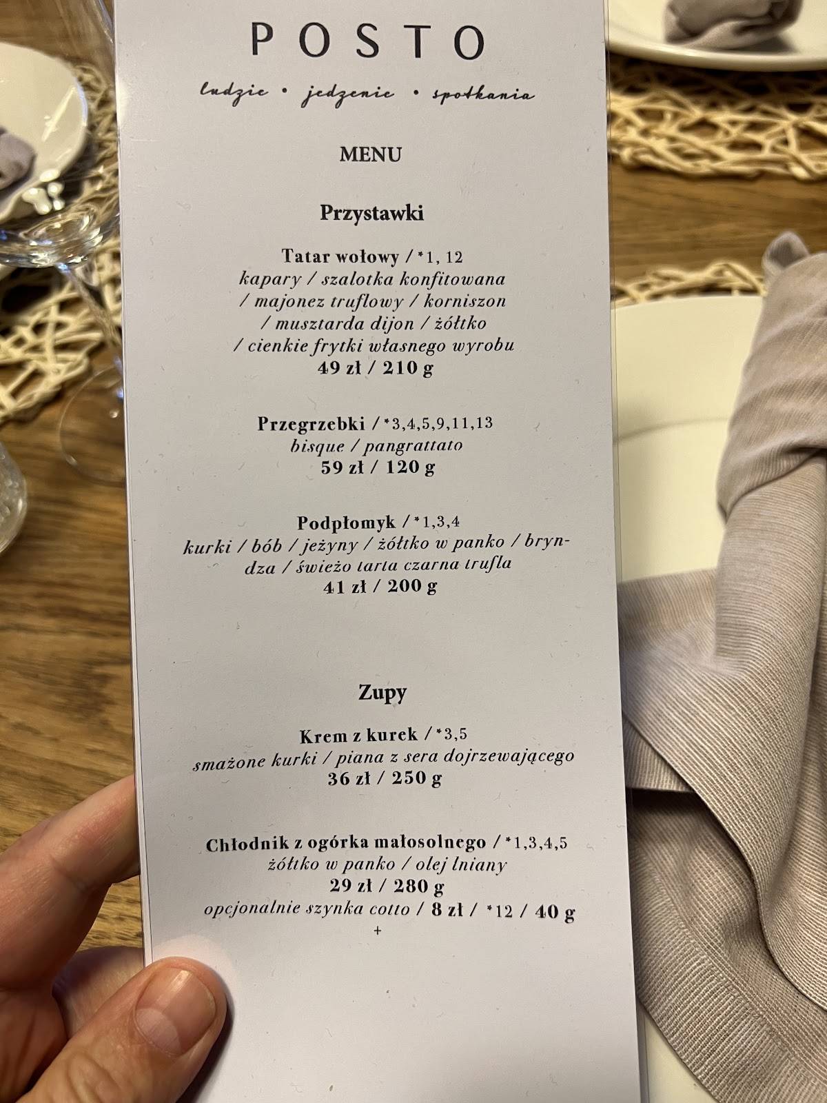 Menu at Posto restaurant, Poznań