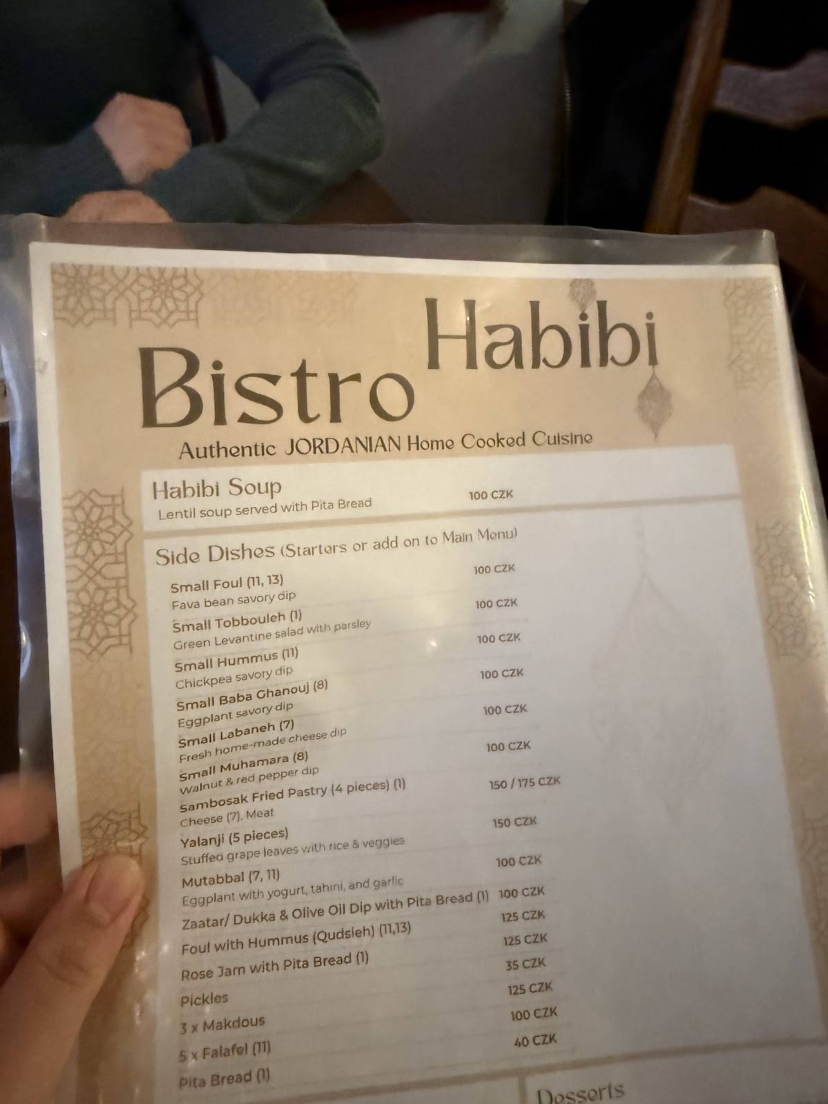 Menu at Bistro Habibi restaurant, Prague, Vratislavova 21/1