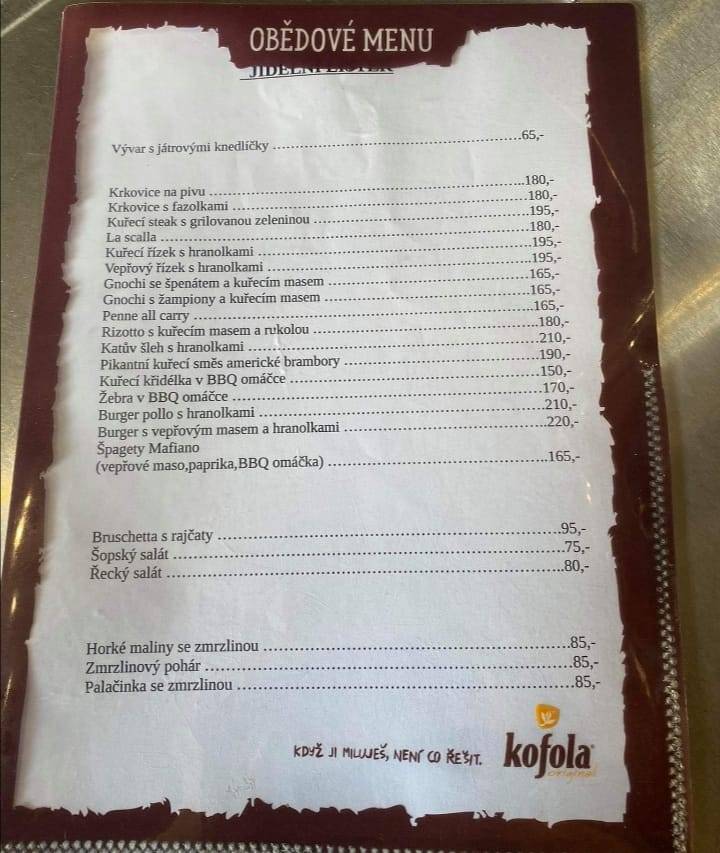 Menu at U Karla IV restaurant, Prague, Zenklova 360/92