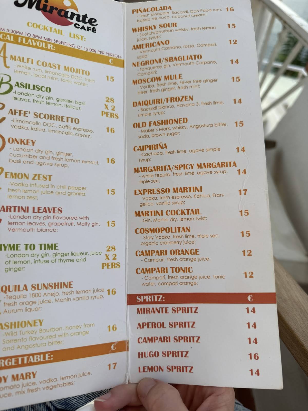Menu at Cafe Mirante, Praiano